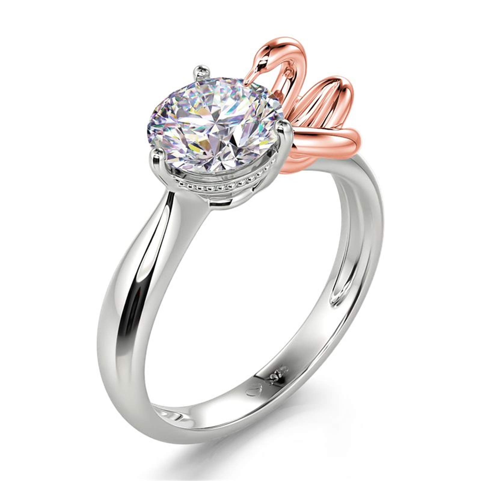 Jeulia Hug Me Balloon Swan Round Cut Sterling Silver Ring Fashion Anniversary Promise Engagement Wedding Ring Set for Her with Gift Jewelry Box (Rose Gold, 8.5)