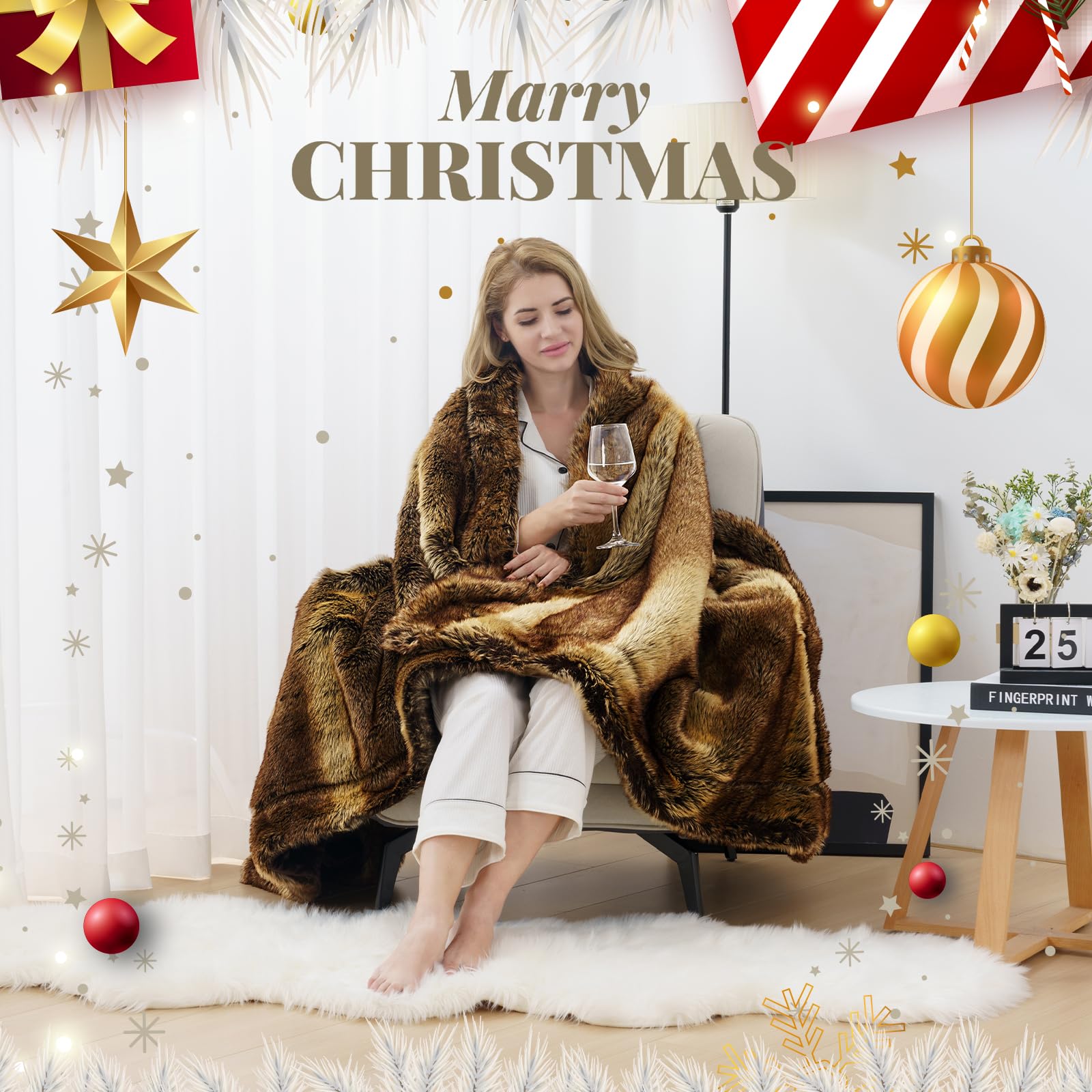 HOMFINE Luxury Faux Fur Blanket - Super Thick Warm Long Fluff Fuzzy Throw Blanket for Bed, Sofa, Couch, Home Decor with Soft Cozy Plush Velvet Back, 60"x80", Deluxe Brown