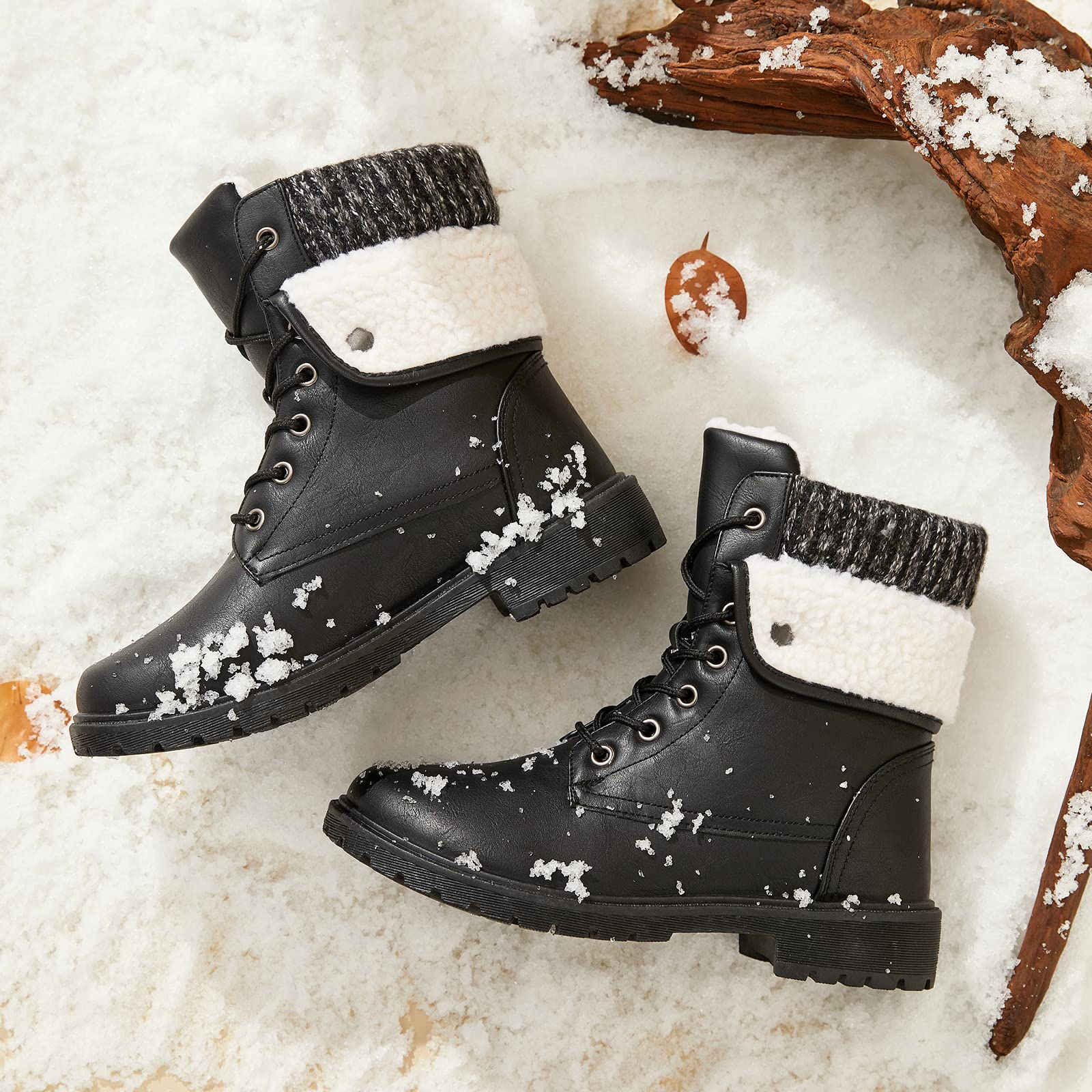 hash bubbie Women's Waterproof Winter Boots Black Combat Boots Mid Calf Snow Boots PU Leather Boots Lace up Fur Lined Ankle Booties(Black.US9)