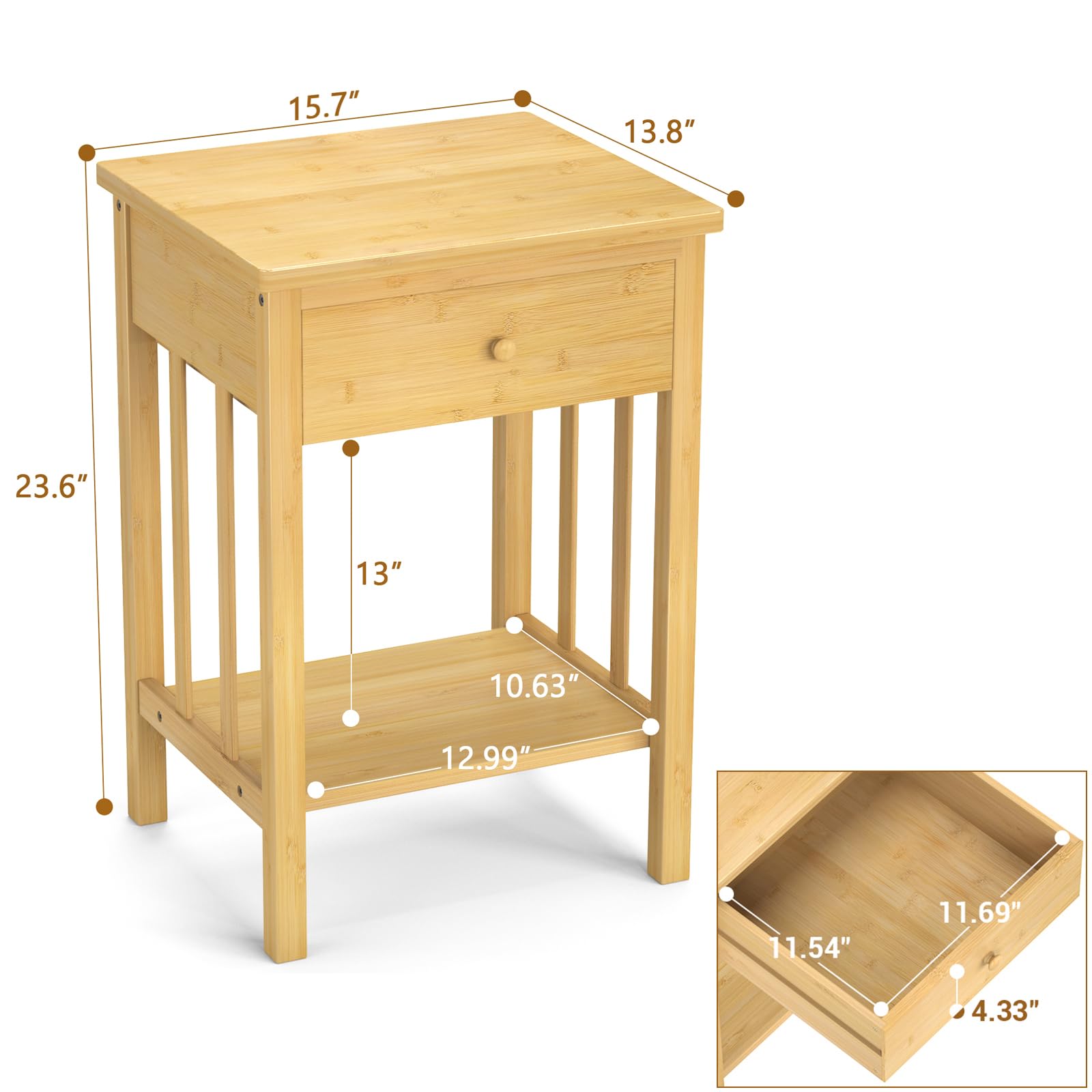Homykic Bamboo Nightstand Set of 2, Real Wood Bedside Table Night Stand with Drawer and Storage Shelf for Bedroom, Living Room, Space Saving End Table Side Table, Easy to Assemble, Natural