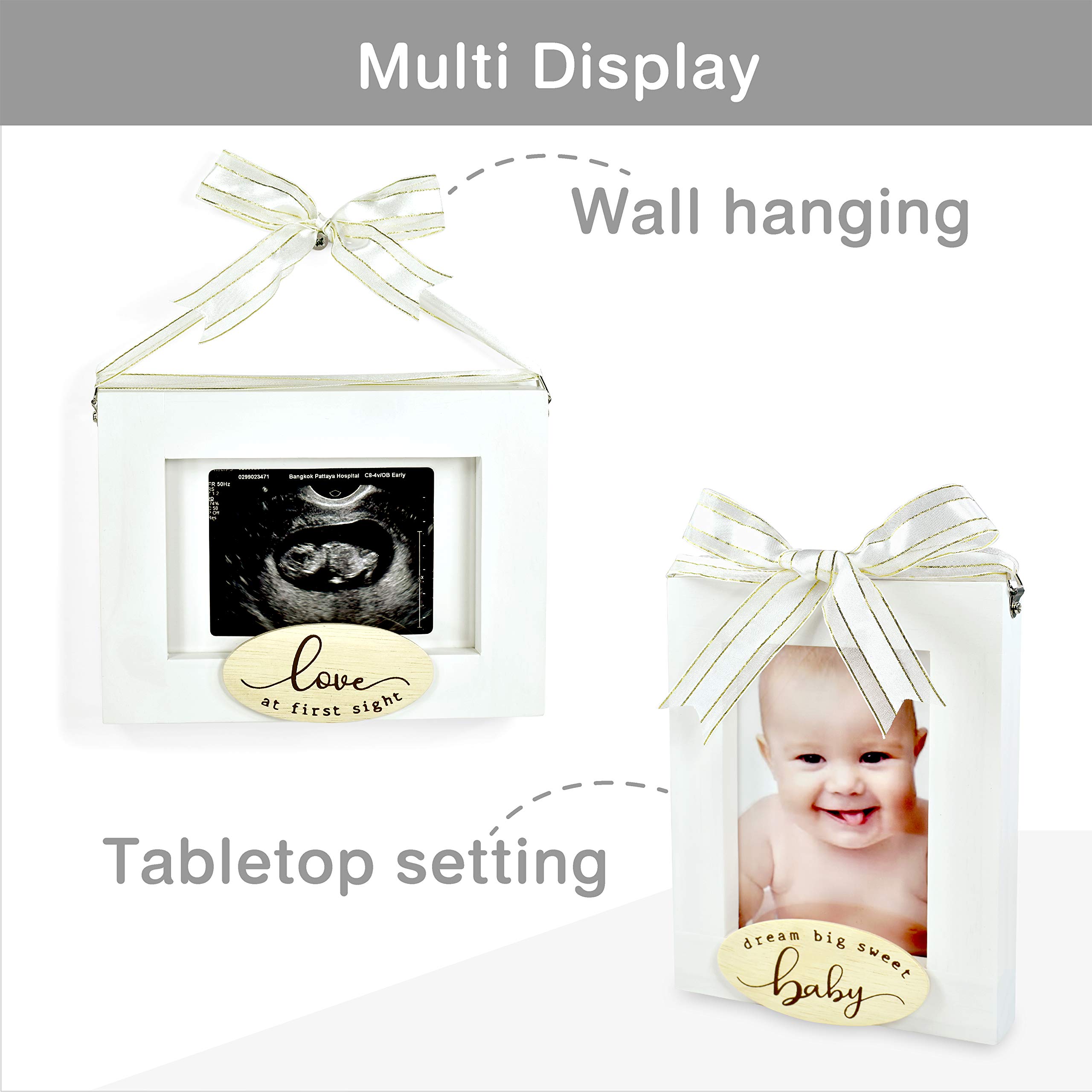 I’m Solid Wood Sonogram Pregnancy Baby Ultrasound 2 Sided Photo Frame, Great for Expecting New Parents Keepsake & Nursery Décor “Love at First Sight/Dream Big Sweet Baby" (White)