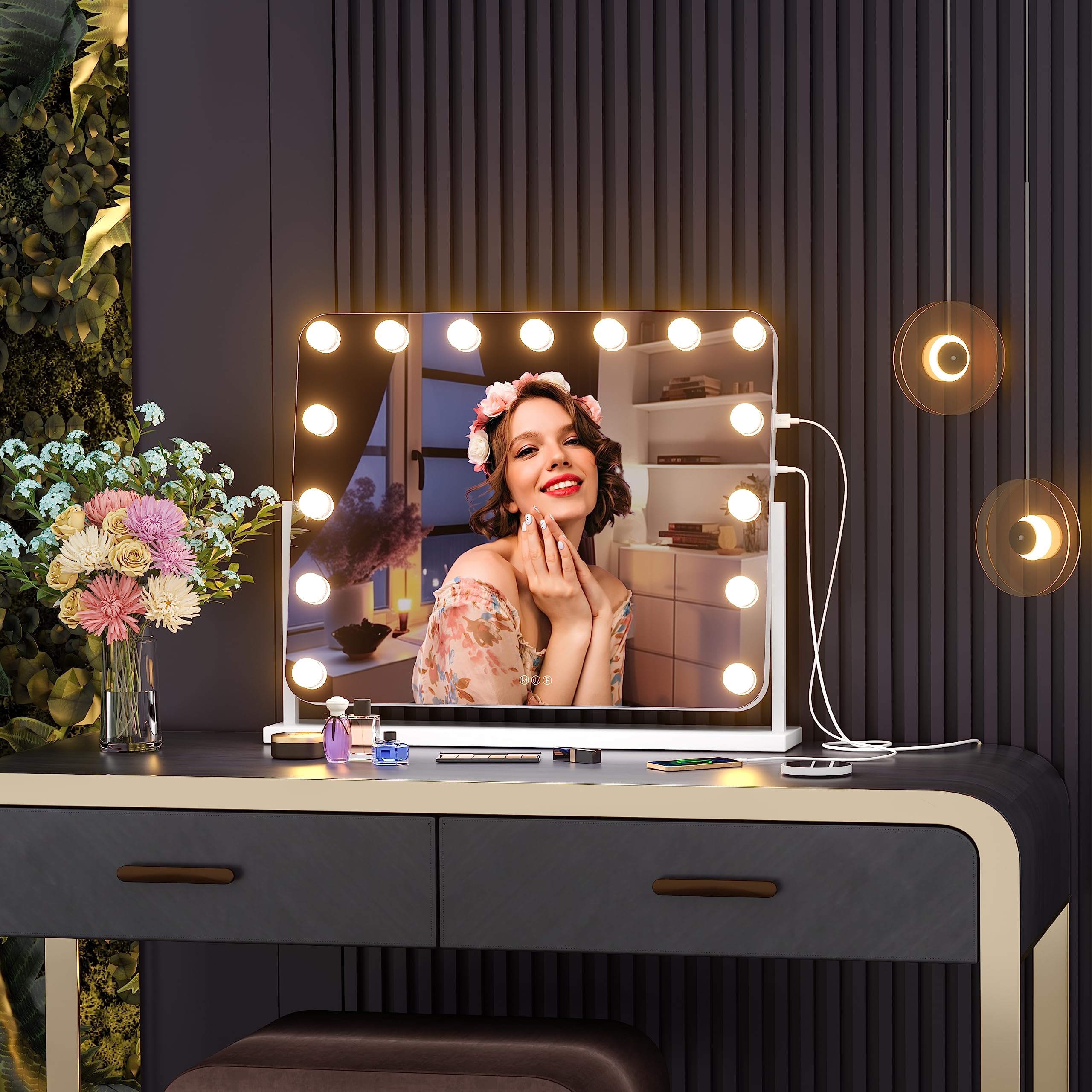 Hasipu Vanity Mirror with Lights, 22" x 18" Hollywood Lighted Makeup Mirror with 15 Dimmable Bulbs, 10X Magnification and USB Charging Port, Smart Touch 3 Colors Dimmable, 360° Rotation (Round)