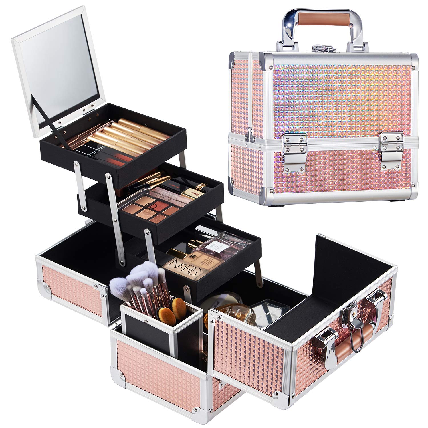 Joligrace Makeup Box 11.6-Inch Cosmetic Train Case for Women Travel Jewelry Organizer with Compartments & Mirror Portable Lockable Make-up Trunk Shiny Style
