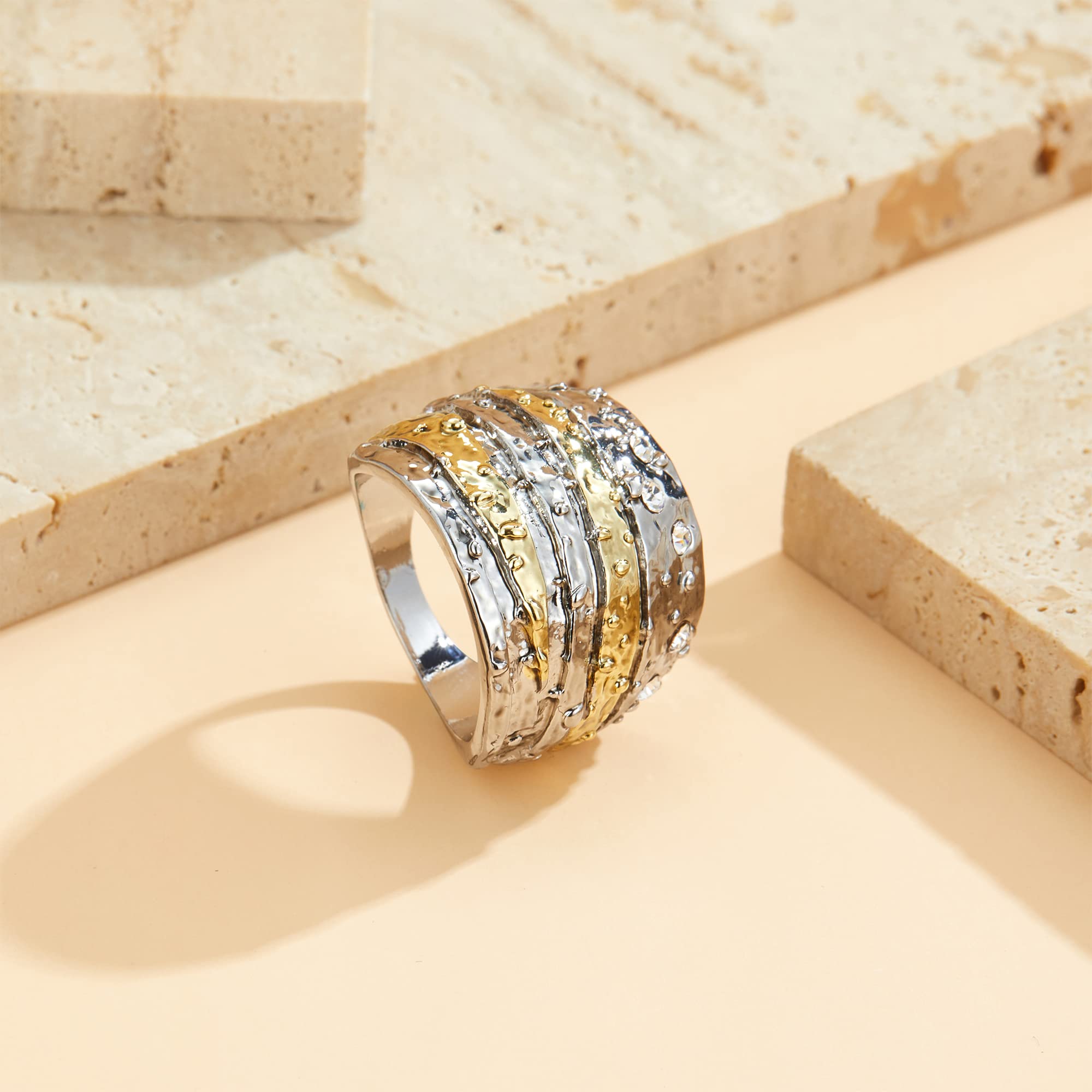 Mytys Gold Silver Statement Rings for Women Wire Intertwined Design Rose Gold Band Ring Silver Plated 20mm Wide (Crystal silver and gold, 9)