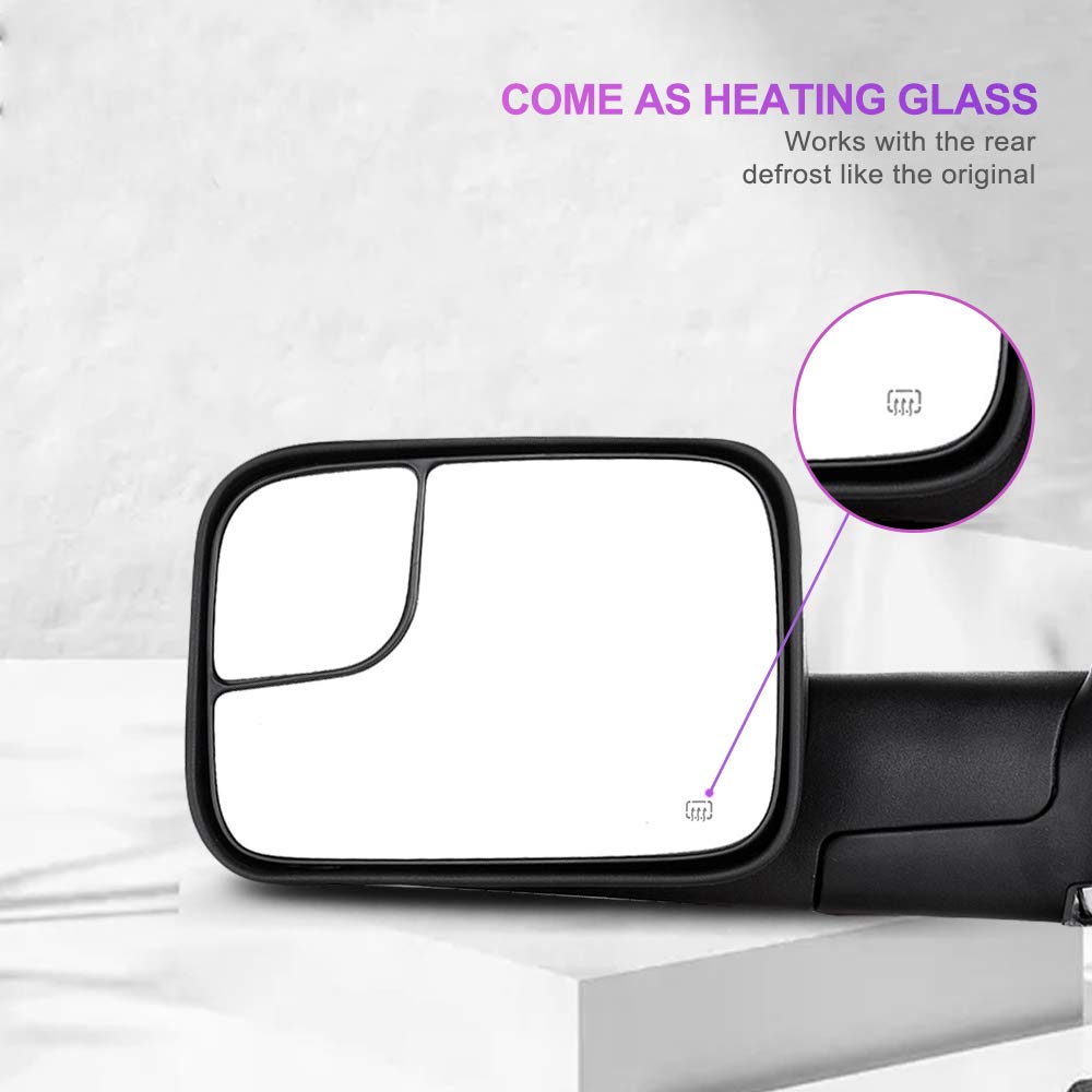 INEEDUP Towing Mirrors Tow Mirrors Fit for 2002-2008 for Dodge for Ram 1500 2003-2009 for Dodge for Ram 2500/3500 with Left and Right Side Power Adjusted Heated Without Signal Light Manual Flip Up