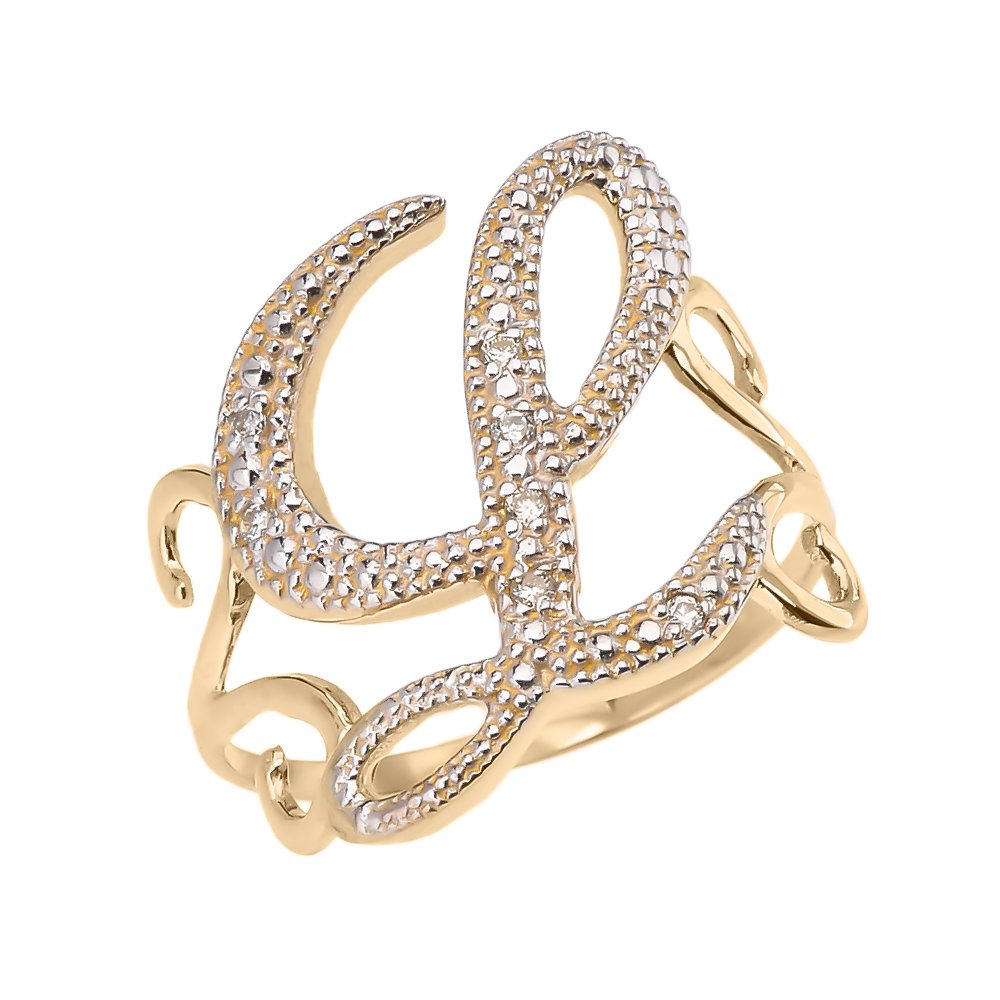 Initial Rings 10k Yellow Gold Modern Cursive L Diamond (Size 8)