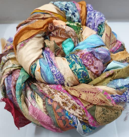 Vintage Fabrics Crafts 42 Yards Unstitched Silk Sari Ribbon Yarn Tassels SKEINS Dull Muted Shades Journal Scrapbook Craft Project Decor Strips India lot Beauty