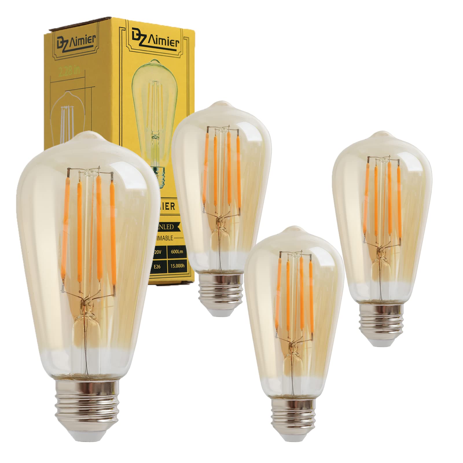 LED Edison Bulbs, 6W, Equivalent 60W, High Brightness Daylight White ST58 Antique LED Filament Bulbs, E26 Medium Base, Dimmable, Clear Glass(4 Pack)
