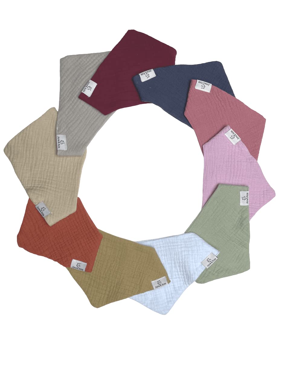 Jane and Kate - Baby Bibs 100% Cotton Newborn Toddler Drool Cloth Bibs For Unisex, Boy, Girl 0-18 Months | Muslin Bandana With Snaps Teething Bibs | Multi Pack Set Of 10 Plain Solid Colors