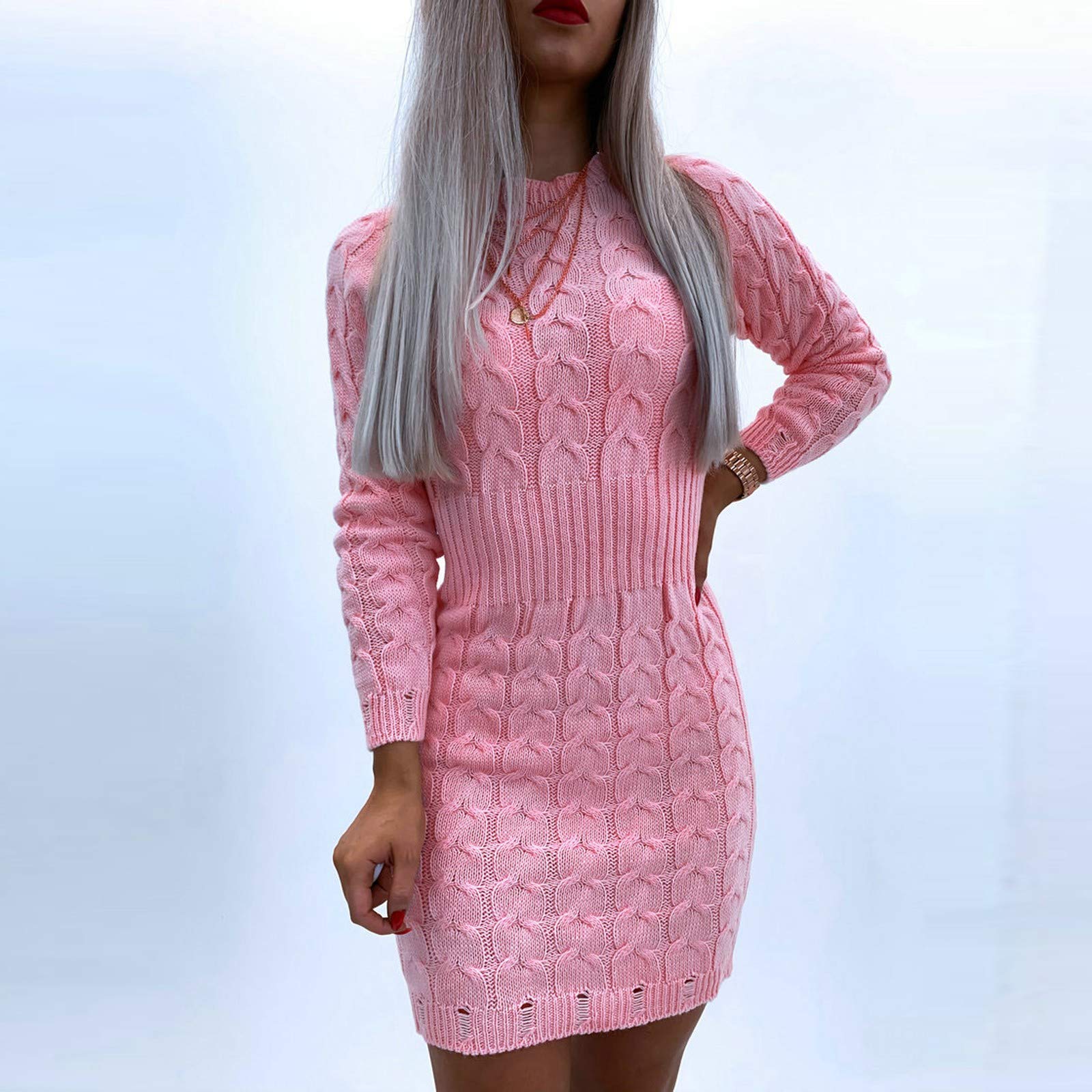 Keepfit Women Knitted Sweater Dress Round Neck Long Sleeve Solid Wrap Mini Dress Pink