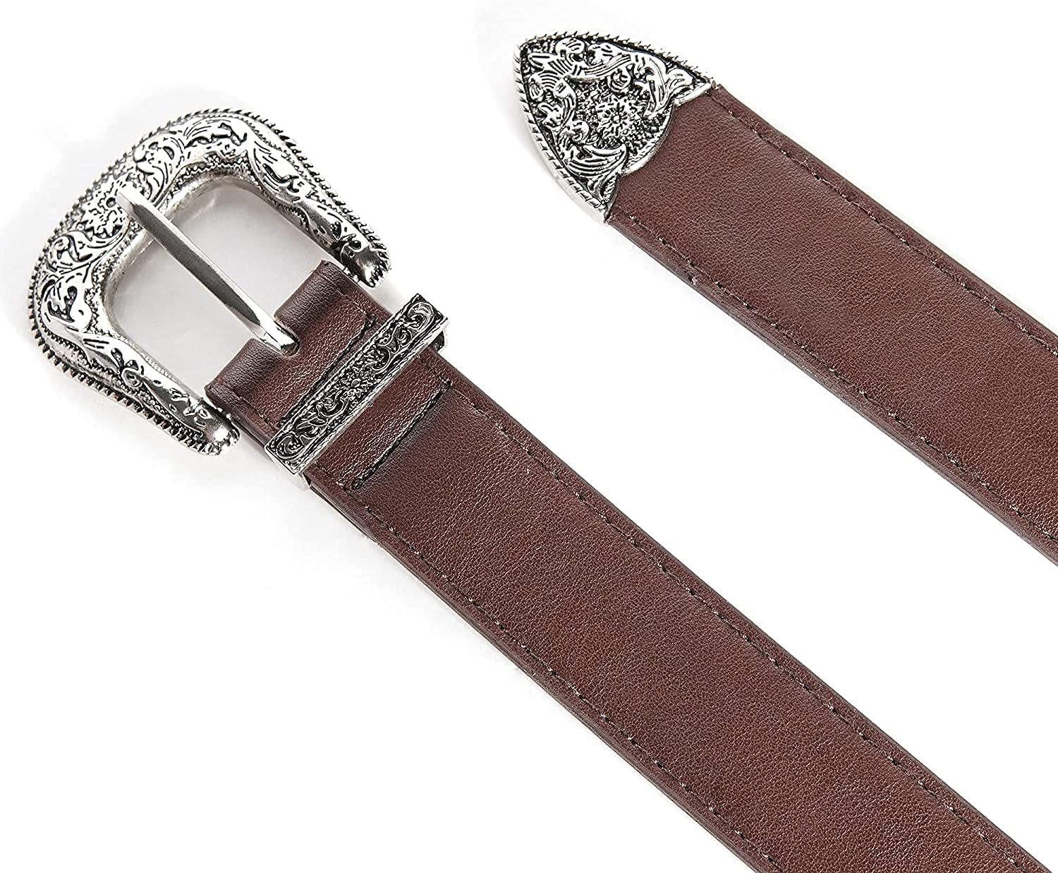 INOGIH Western-Leather-Belts-Women Vintage Waist-Belts with Hollow Out Flower Buckle