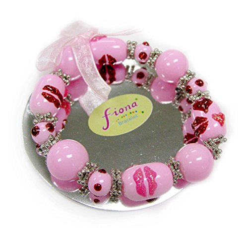 Glass Beaded Bracelet for Women, Pink Lips Kiss Hearts Beads Jewelry, Valentine Mother's Day Gift for Her, 1 pc
