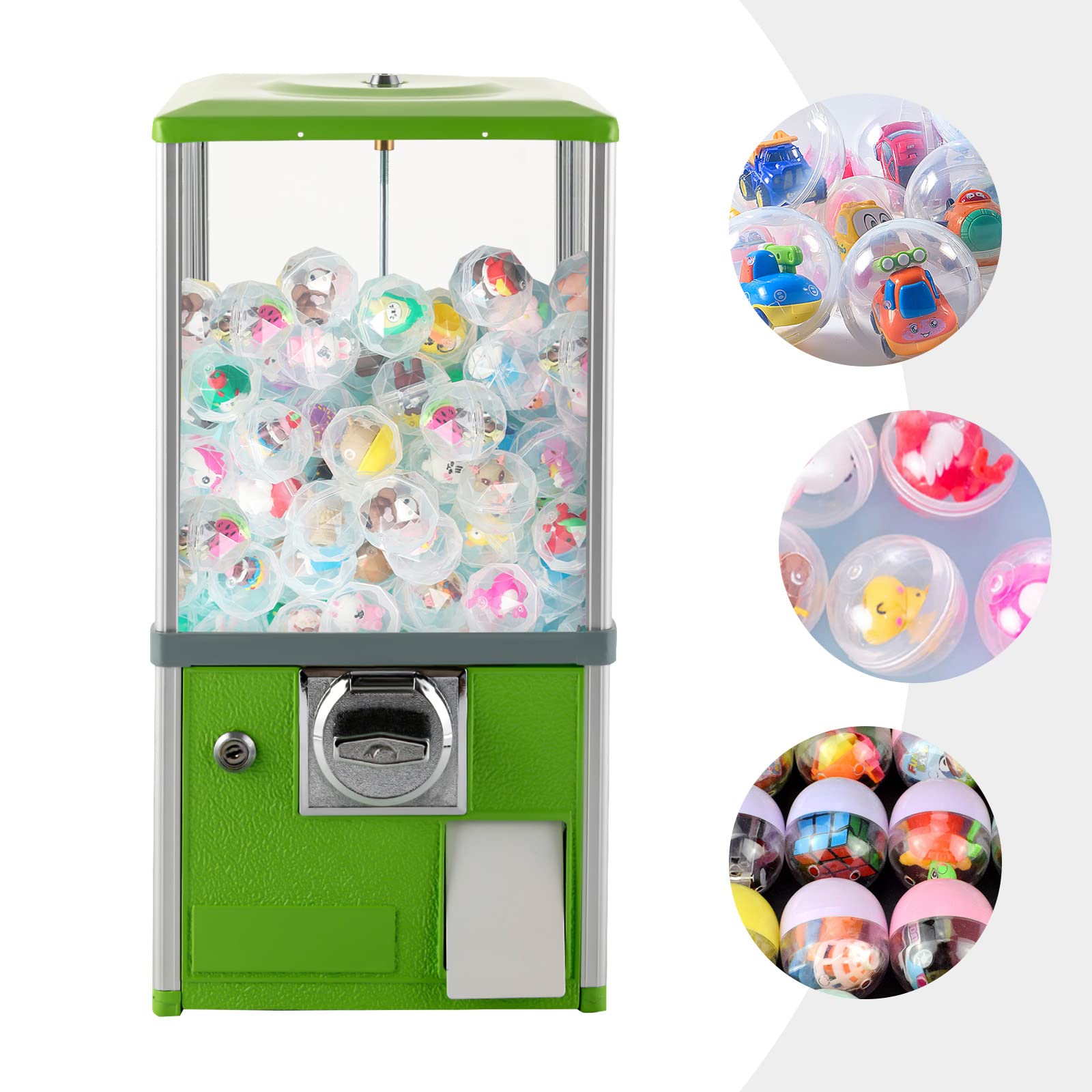 Green Vending Machine with Lock, Candy Gumball Machine, Large exit with Baffle, Suitable for 1.77-1.97 inches of Capsule, for Retail Stores, Game Stores, Park