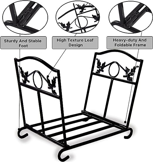 Kapler Foldable Firewood Storage Rack, Black Steel, 21"x12.5"x15"