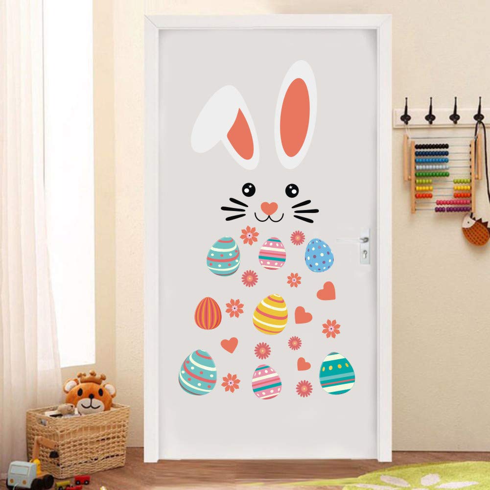 IARTTOP Lovely Easter Bunny Wall Decal, Adorable Rabbit Expression Wall Sticker for Nursery Kids Room Decor, Colorful Eggs Flower Stickers Easter Party Supplies