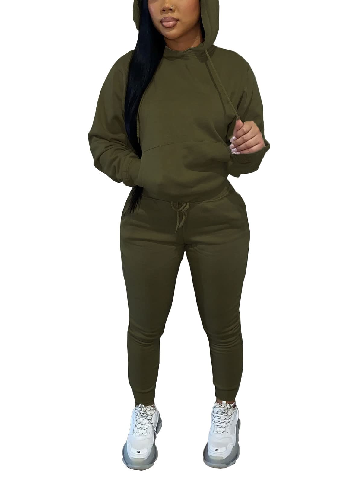 KANSOON Tracksuit for Women Set Two Piece Outfits Long Sleeves Top Hoodie Top Bodycon Jogger Pants Sweatsuits Green M