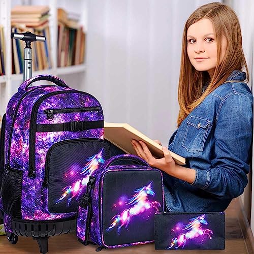 UFNDC 3PCS Rolling Backpack for Women, Adults Unicorn Backpacks with Wheels for Girls,Travel Roller Wheeled Bookbag