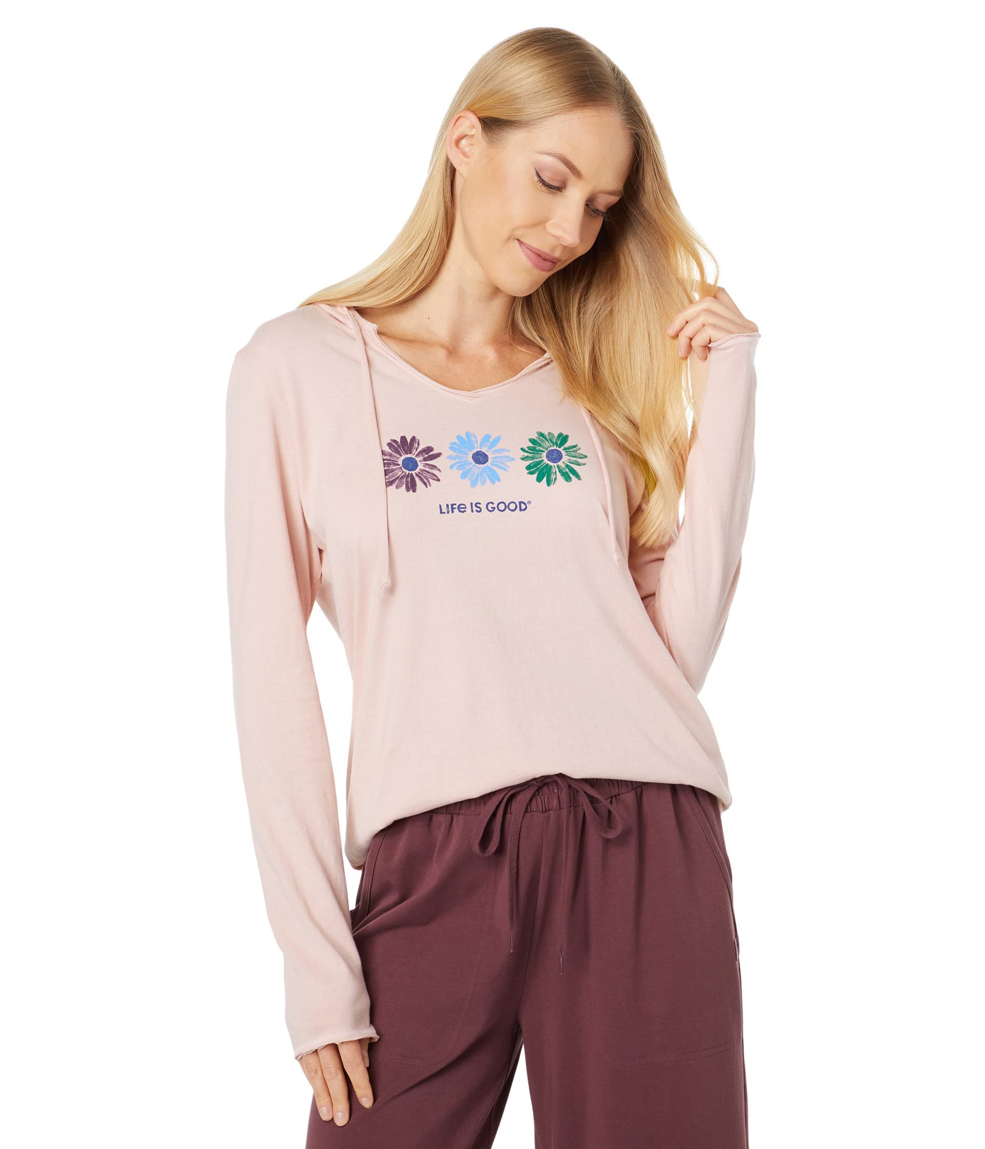 Life is Good Women's Three Daisies Long Sleeve Crusher-Lite Hooded Tee, Himalayan Pink