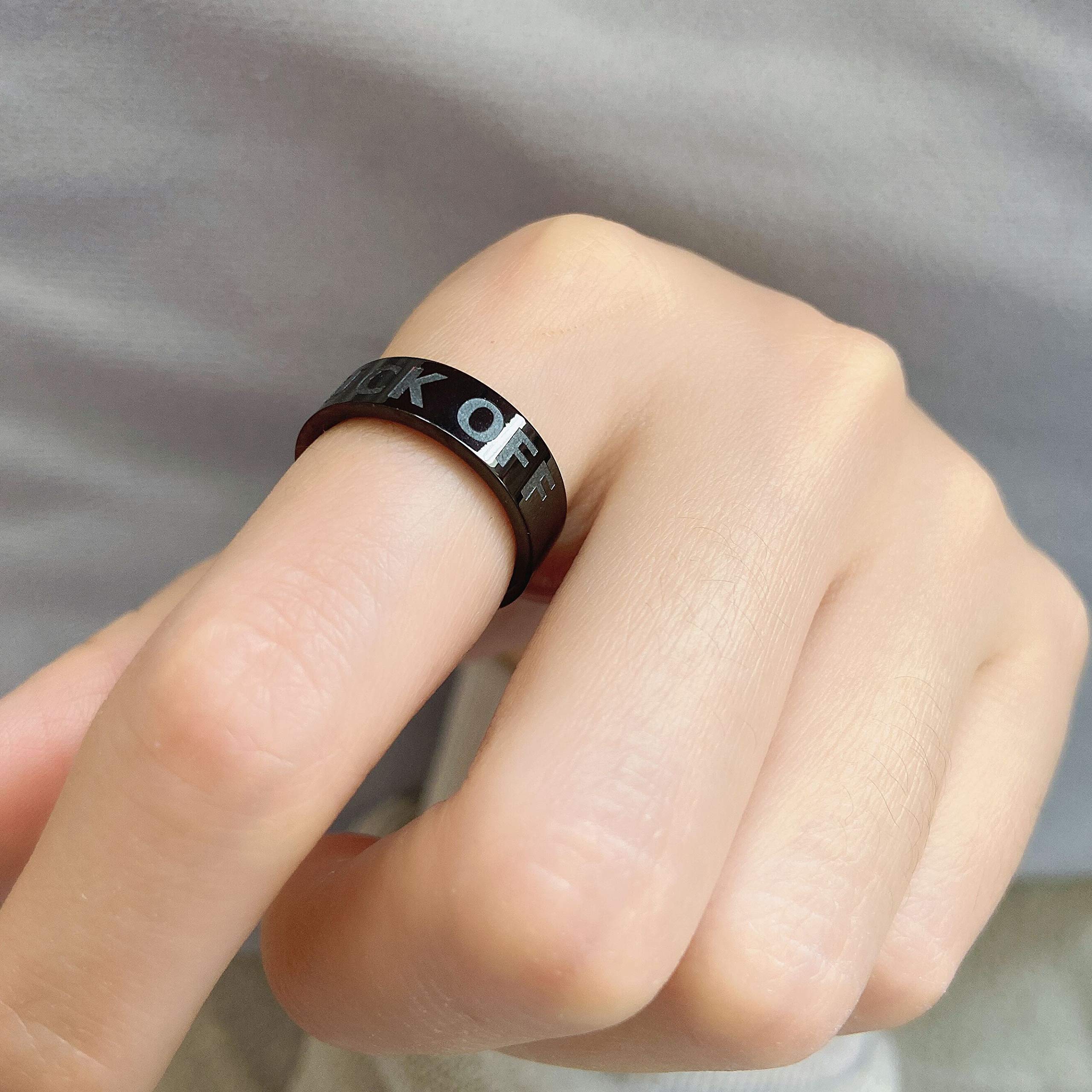 INRENG 6mm Men's Women's Stainless Steel Ring Fuck Off Inspirational Jewelry Biker Band Black Size 8