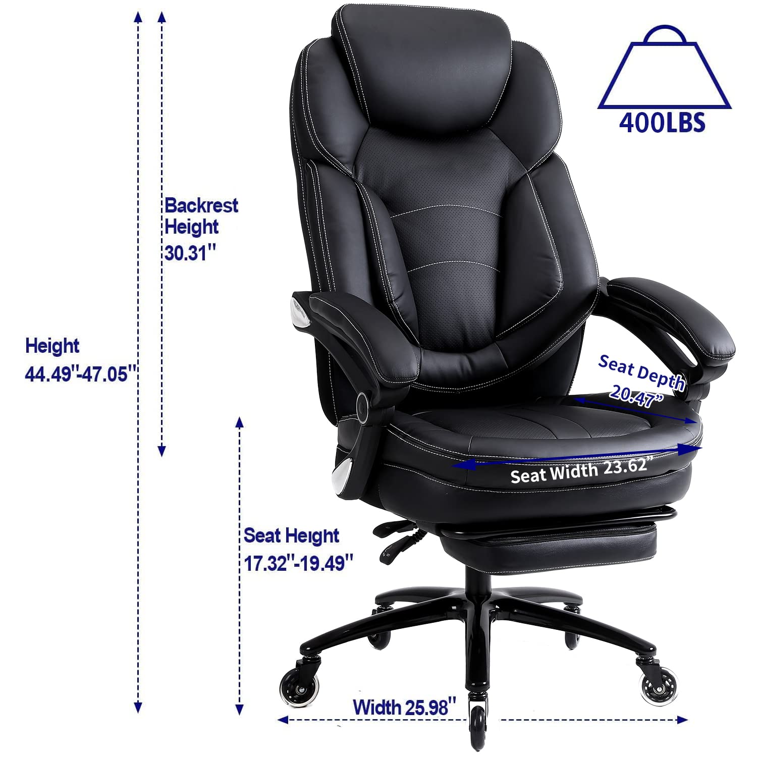 KCREAM Big and Tall Office Chair High Back Massage Reclining Office Chair with Footrest - Executive Computer Chair Home Office Desk Chair Thick Padded Strong Metal Base Quiet Wheels (Black)