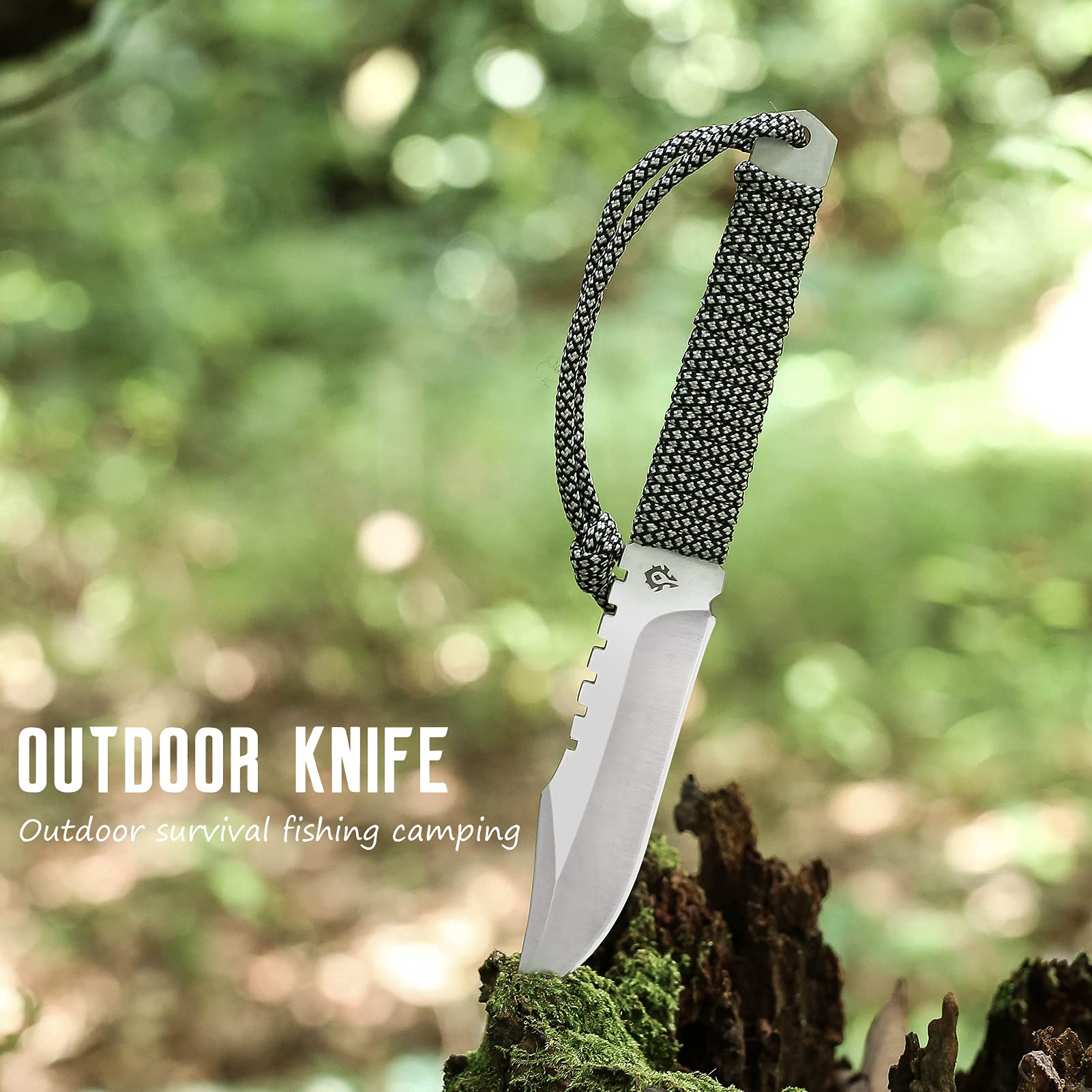 ITZH 8.3 inch Full-Tang Stainless Steel Fixed Knife with Cordage Grip Handle and Leather Sheath for Outdoor, Tactical, Survival and EDC Tactical Hunting Knife. (Silver)