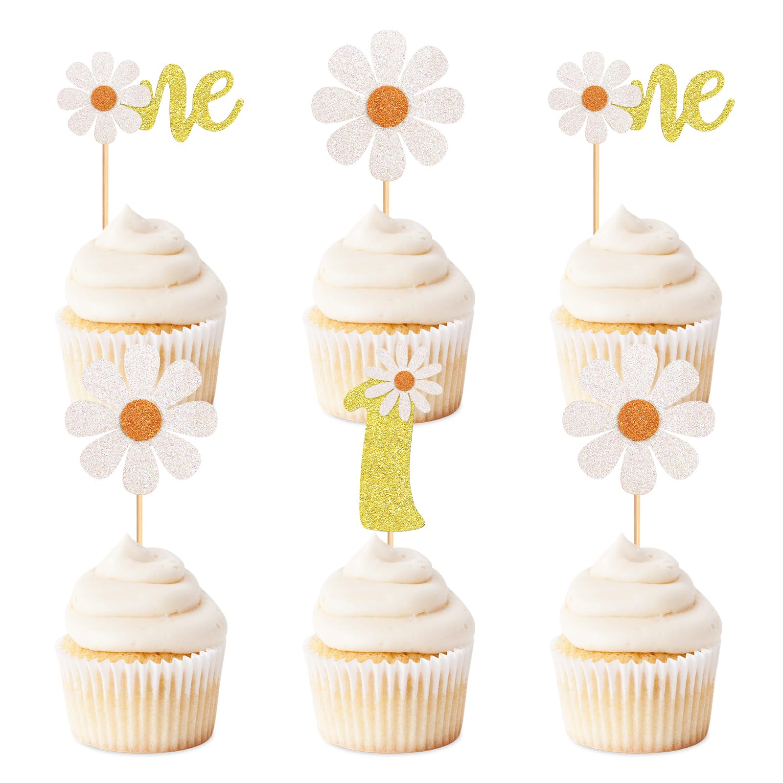 Keaziu 24 Pack Daisy One Cupcake Toppers For 1st Birthday Daisy Birthday Party Decor Boho Groovy Daisy First Birthday One Year Old Baby Shower Hippie Party Favors Supplies 1-1