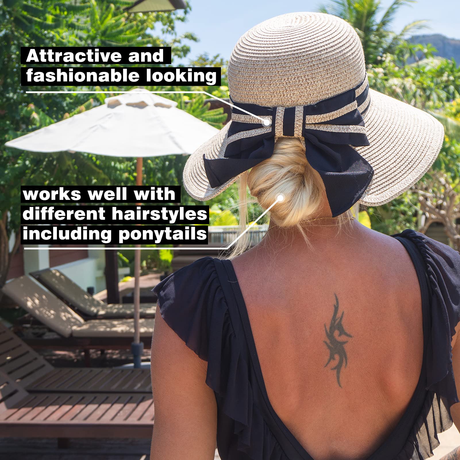 Jeff & Aimy Womens Packable Floppy Straw Beach Sun Hat Floppy with UV Protection Wide Brim Neck Cord Foldable Panama Fedora Travel Sunhat UPF 50 Large 57.5-59CM