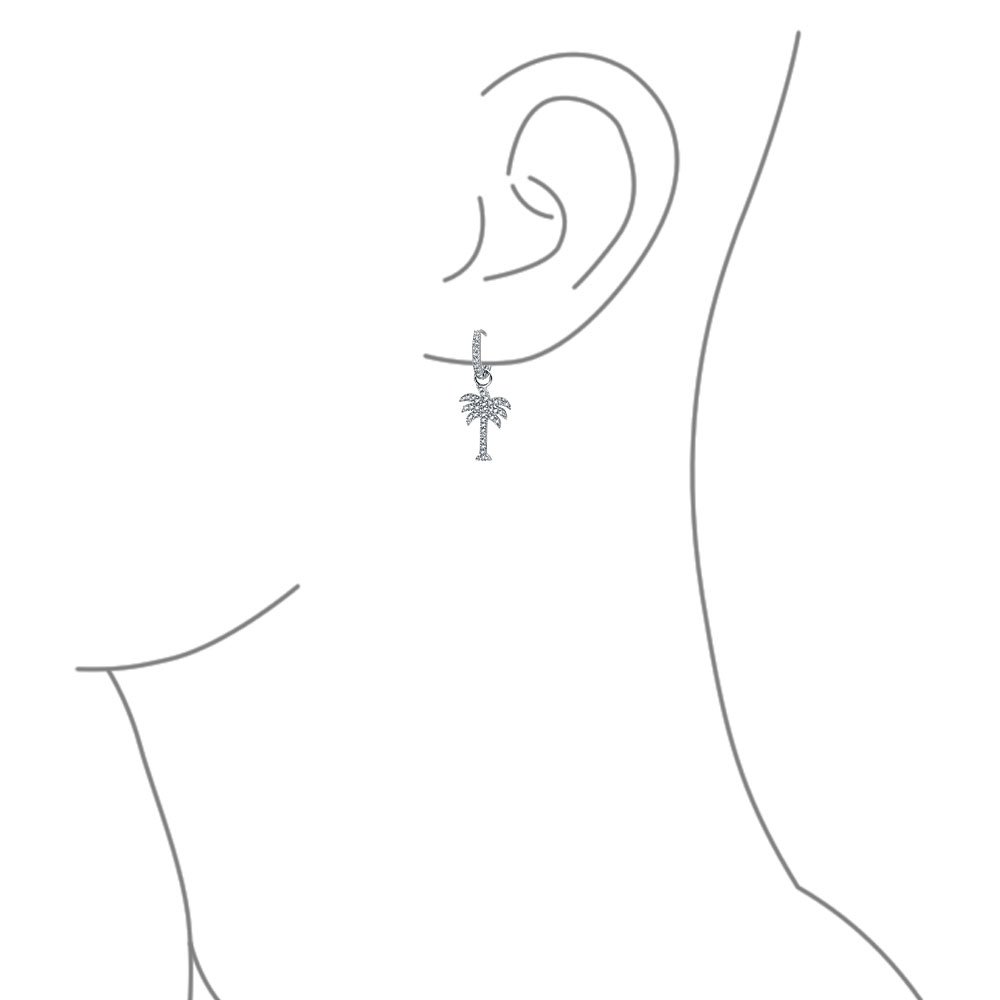 Hawaiian Nautical Pave CZ Cubic Zirconia Huggie Mini Hoop Dangle Charm Palm Tree Earrings For Women Teen .925 Sterling Silver