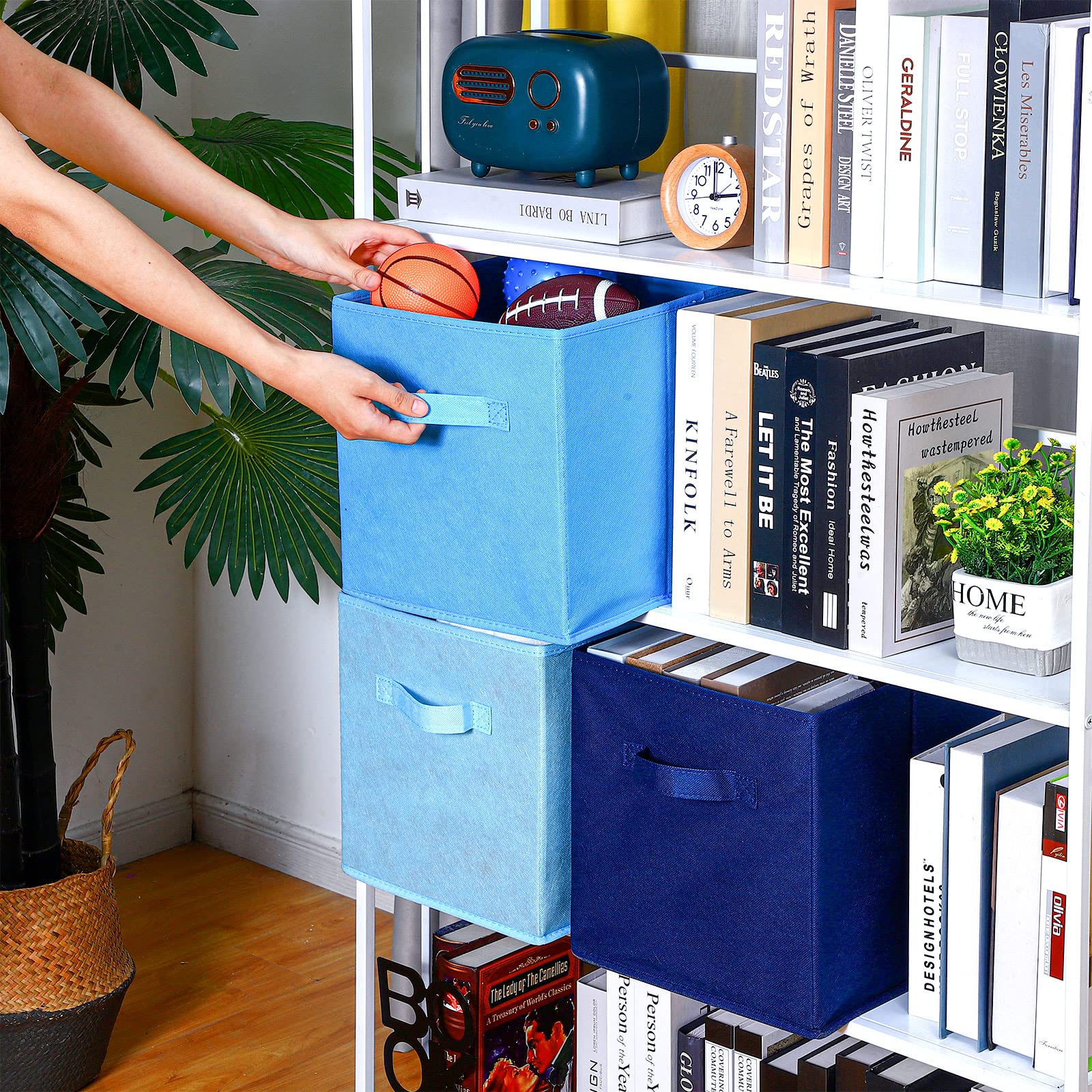 Karenhi 6 Pcs 11 x 10.5 x 10.5 Inch Fabric Storage Bins Toy Storage Cubes Organizer with Handles Foldable Shelf Cube Baskets for Home Kids Room Closet Cubby Toy Cloth(Blue)