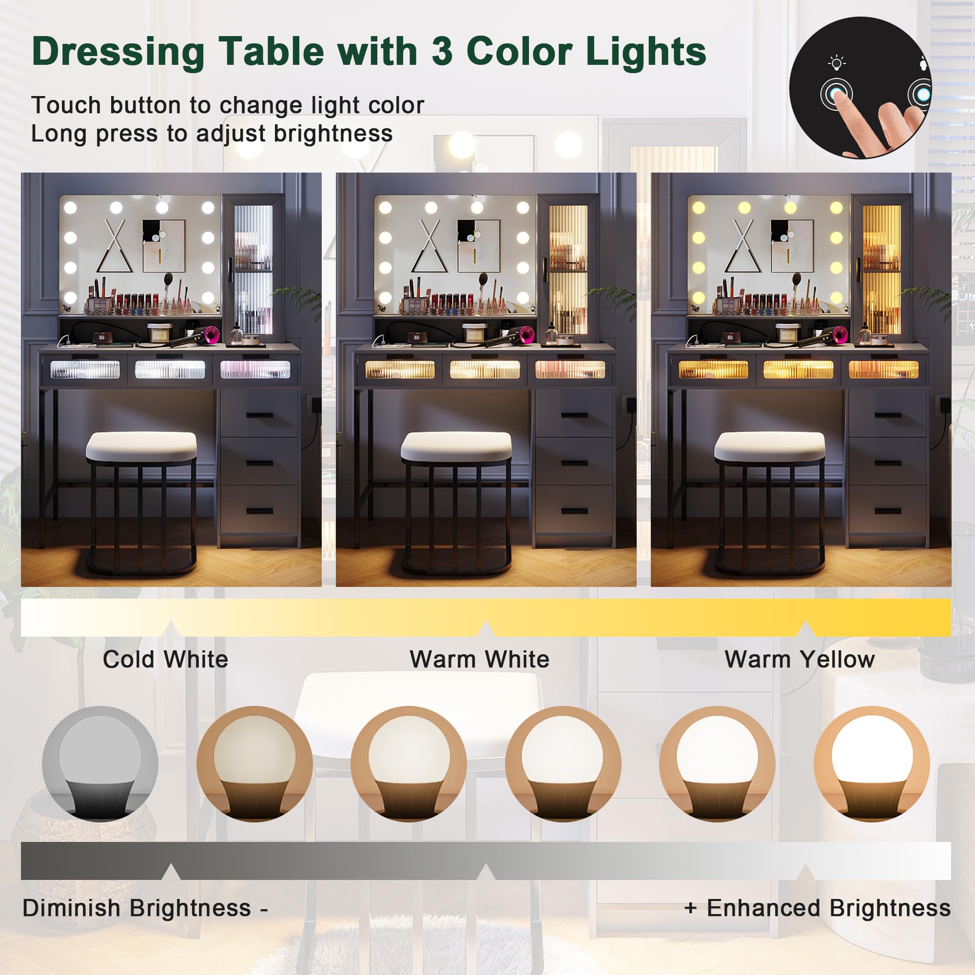 HNEBC Makeup Vanity with Lights, Vanity Makeup Desk with Charging Station,Vanity Table Set with LED Mirror, Vanitys with 6 Drawers/Stool, with Senser Mode Dressing Table, Grey