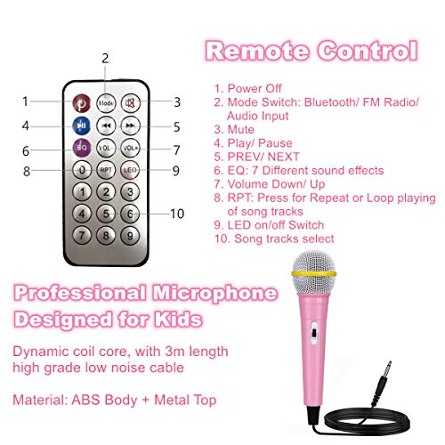 IndeCool Kids Bluetooth Karaoke Machine with 2 Microphones, Remote Control Wireless Karaoke Speaker Portable Karaoke Machine Music MP3 Player for Kids Adult Party Gift (Pink)