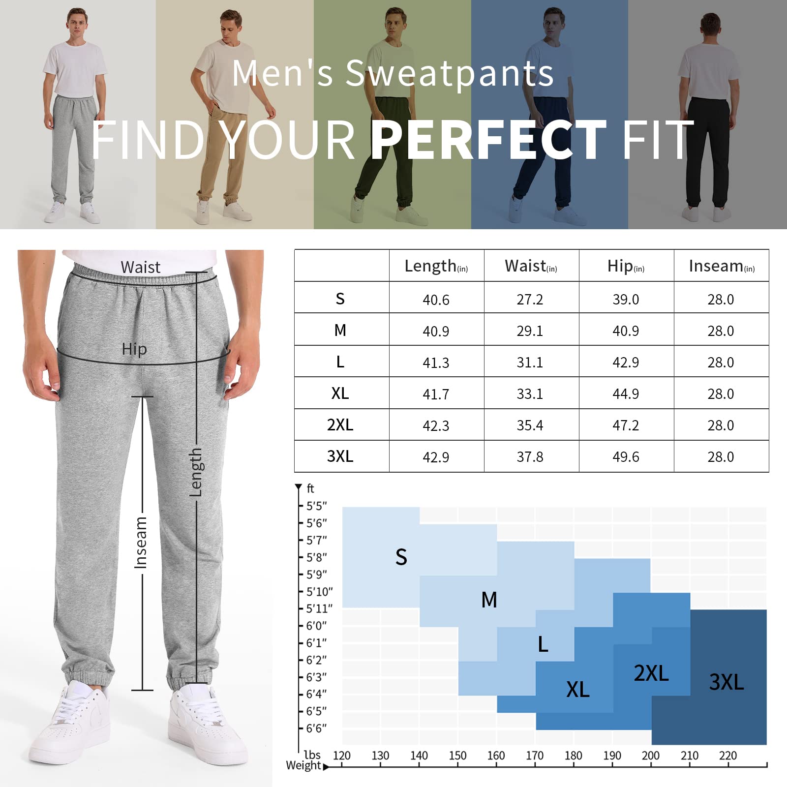 M MOTEEPI Sweatpants for Men with Pockets Grey Cotton Joggers Sweatpants 28" Sports Lounge Athletic Sweatpants M