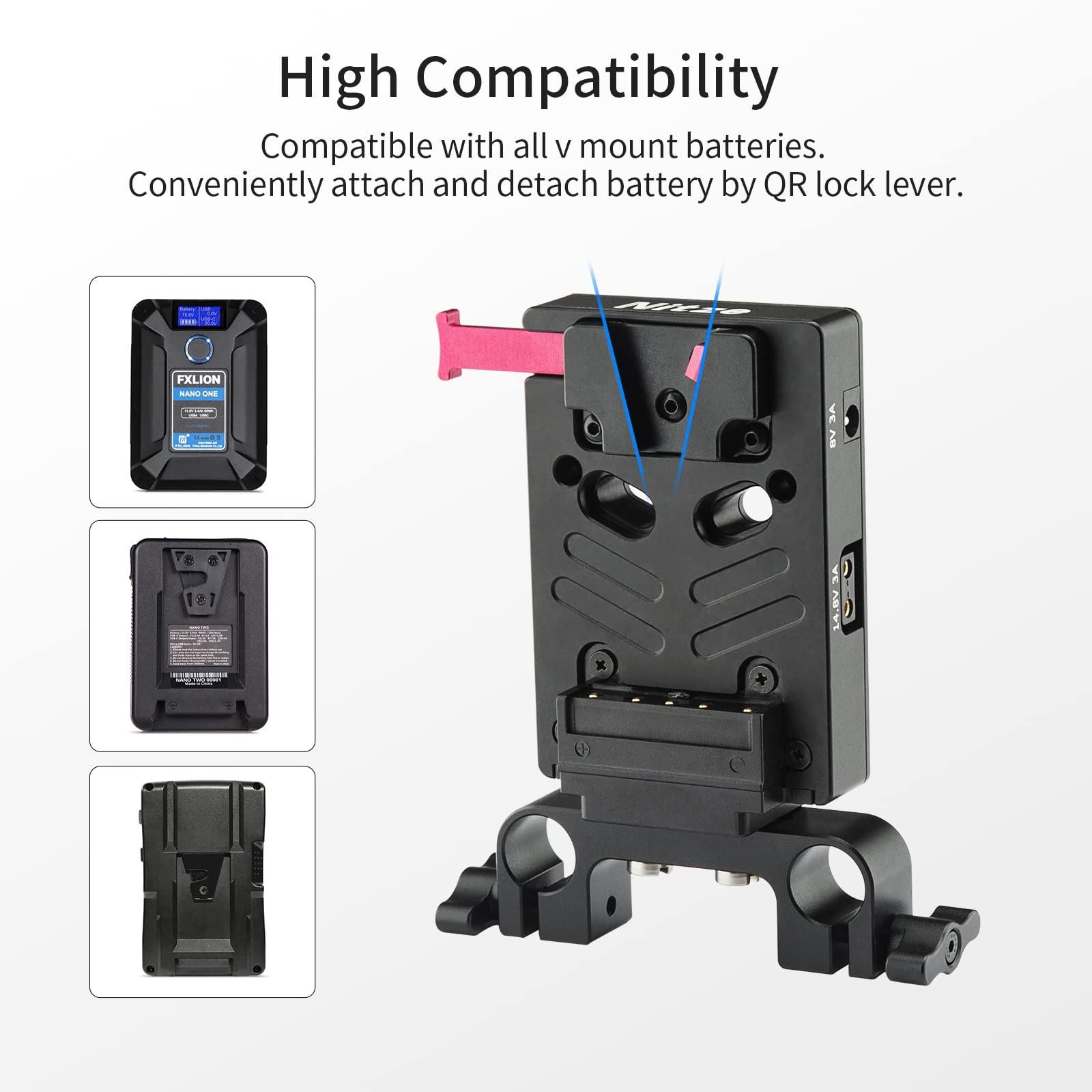 Nitze V Mount Battery Plate, V Mount Plate with 15mm Rod Clamp, 8V/3A DC, 14.8V/3A D-tap and PD 3.0 USB-C Output Ports - N21-D7