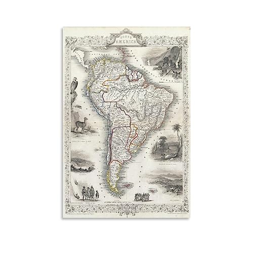 Vintage Map Poster, Map of South America from 1851, Old Map Print of Latin America, Wall Art Poster Wall Art Paintings Canvas Wall Decor Home Decor Living Room Decor Aesthetic 16x24inch(40x60cm) Unf