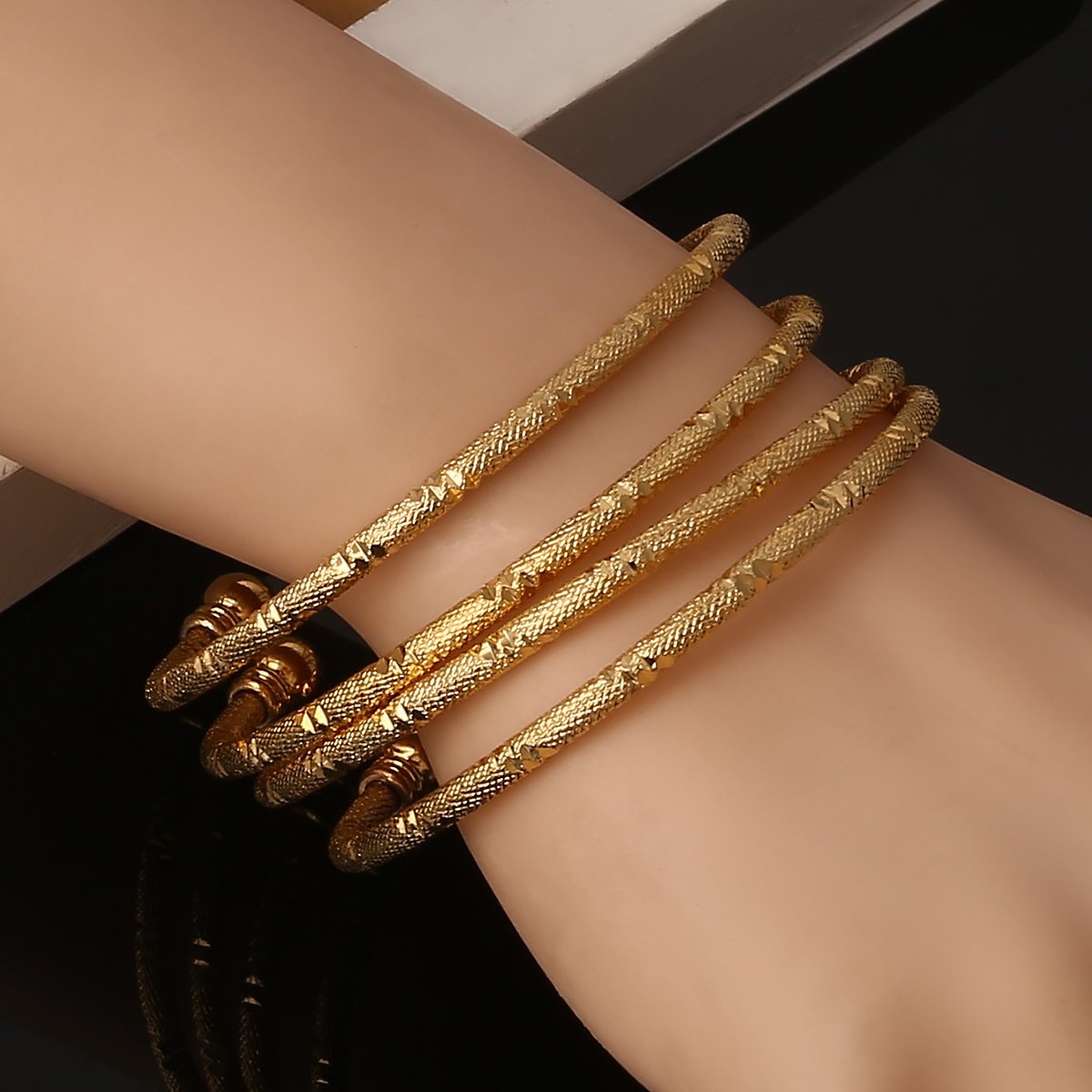 India Brass 4pcs Openable Bangle Bracelet Arab Ethiopian Bangle Gold Color Dubai Africa Jewelry Gift (gold)