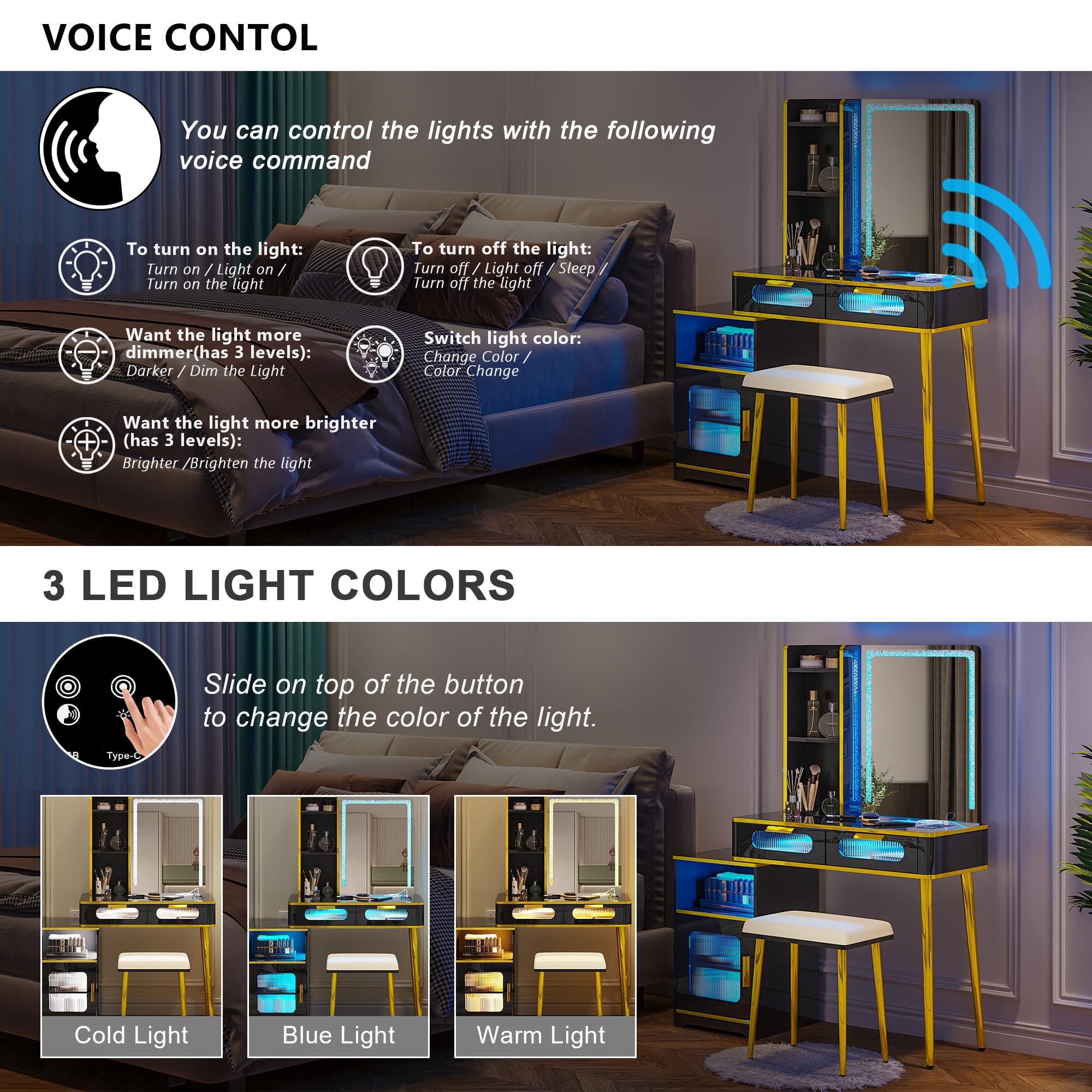 HNEBC Vanity Desk with Mirror and Lights, LED Makeup Vanity Desk with Wireless/USB/Type-C Charging Station, Makeup Desk with Smart Voice Control, 3 Lights Modes/Brightness Adjustable, White