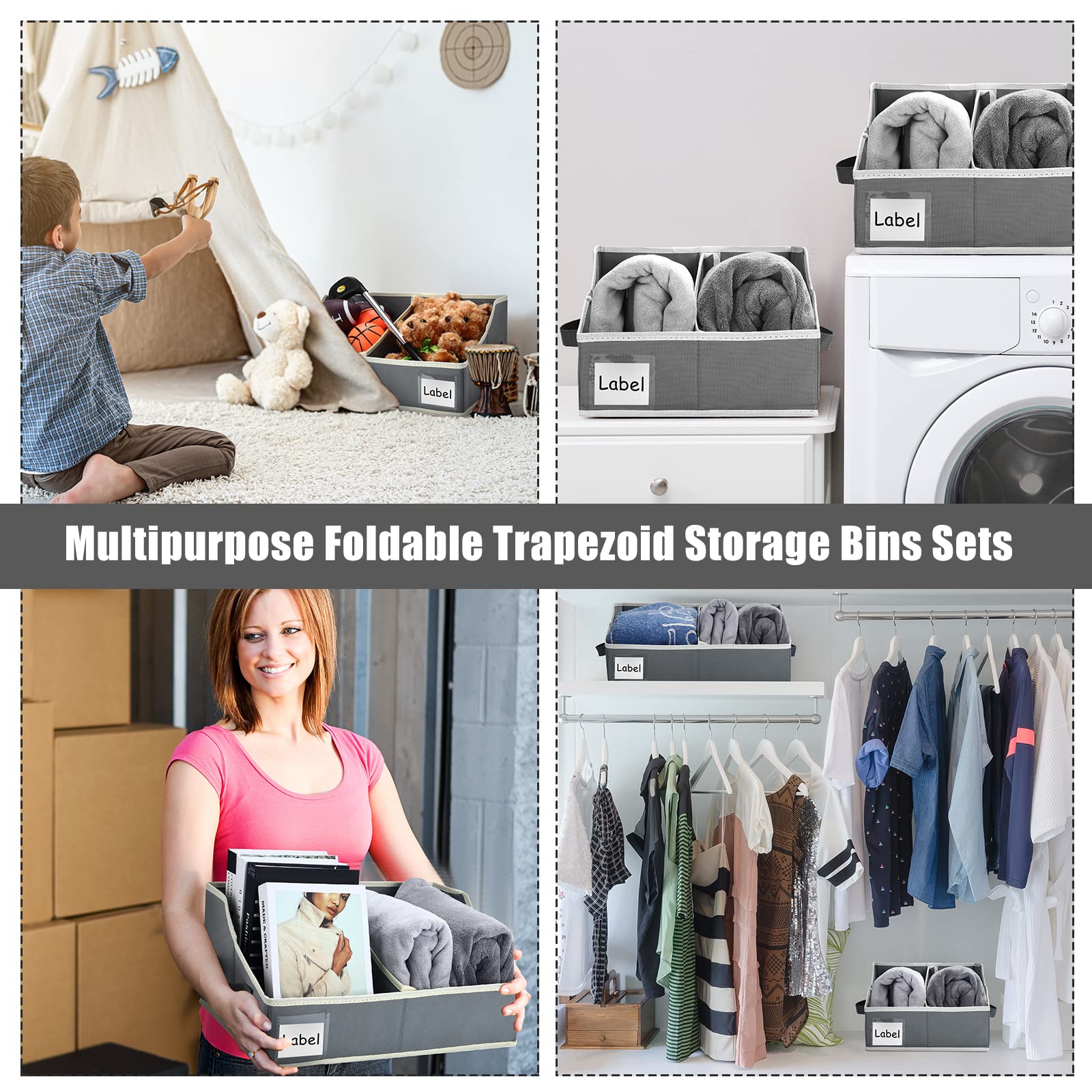 Karenhi 6 Pcs 2 Sizes Trapezoid Storage Bins Fabric Storage Baskets with Label Holder for Shelves Foldable Cube Storage Organizer Bins Clothing Organizer with Handle Clothes Closet Baskets, Light Grey