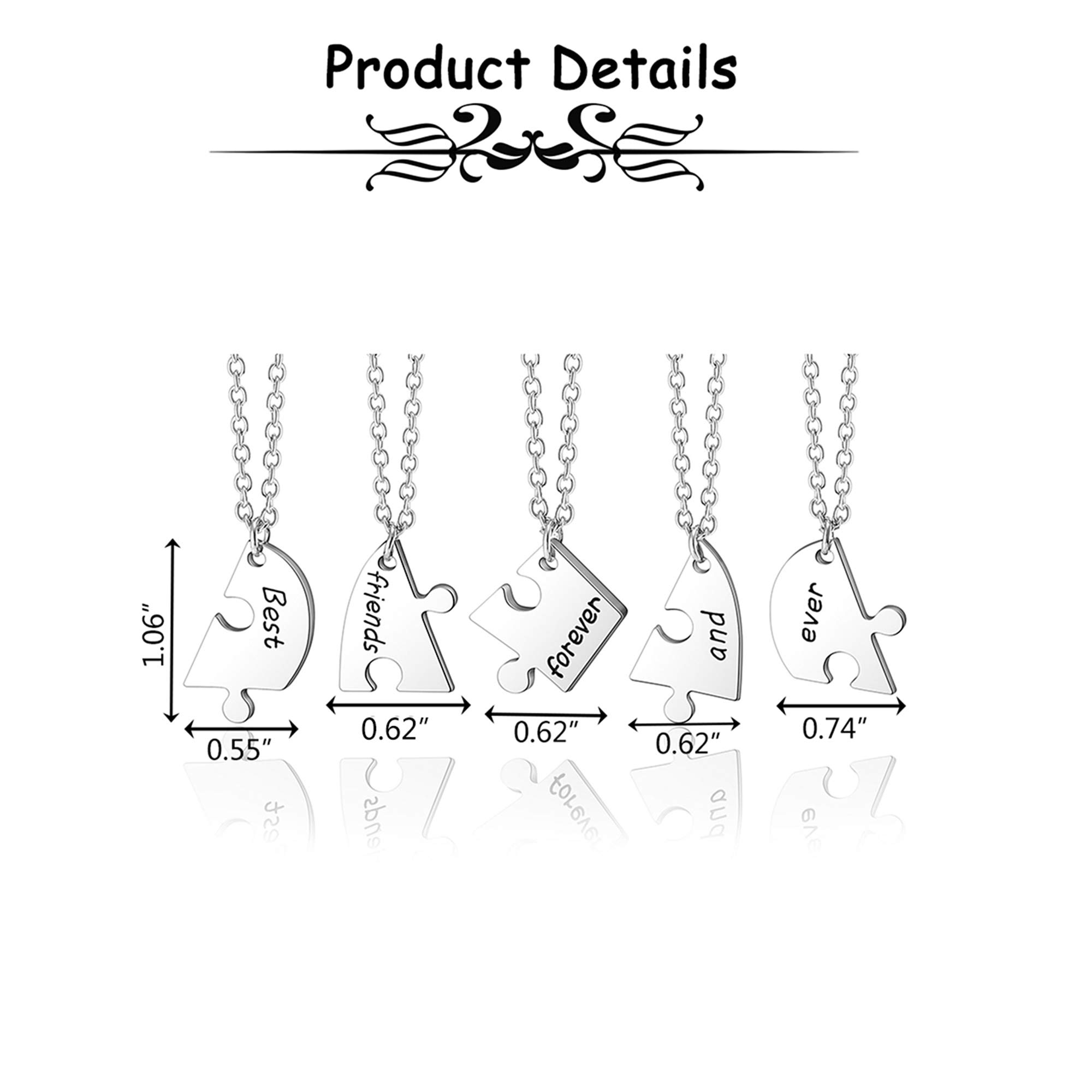 Jovivi Silver Tone Alloy BFF Necklace Best Friends Forever and Ever Heart Puzzle Piece Matching Necklaces Set of 5