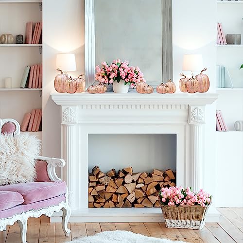 Winlyn 10 Pcs Assorted Artificial Gold Brushed Pink Pumpkins Rustic Decorative Pumpkins Foam Pumpkins for Farmhouse Fall Wedding Baby Shower Halloween Tabletop Centerpiece Mantel Decoration