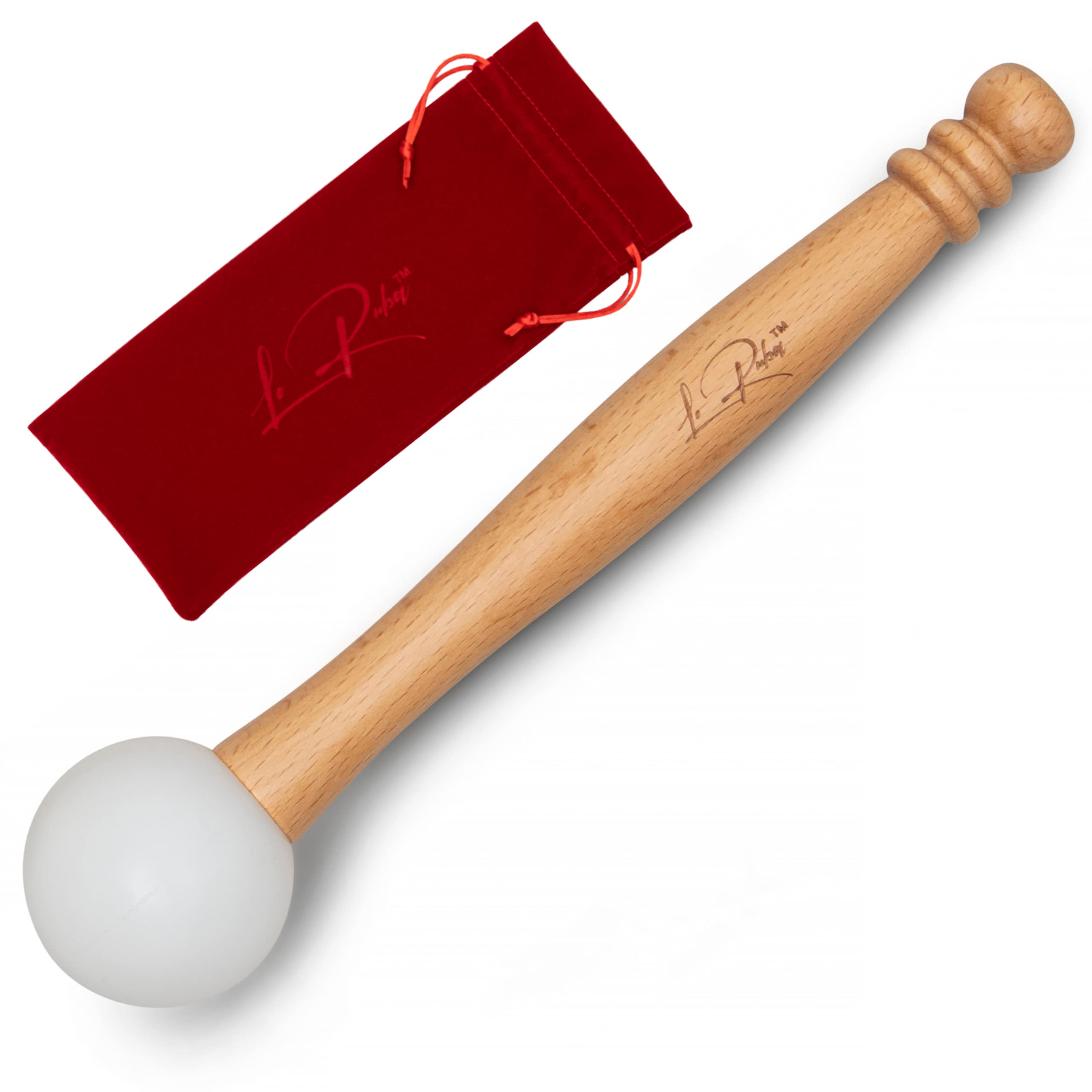 LO RUBA Rubber Mallet For Playing Crystal Singing Bowl Striker 8.7” Long With 0.9” Thick Handle Made From Beech Wood And 1.8” Rubber Ball Made of Semi-Transparent Silicone With A Suede Carry Pouch