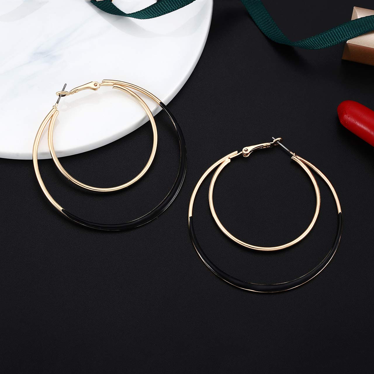 Hoop Earrings for Women Statement Double Circle Earrings Geometric Glazed Layers Oval Drop Dangle Earrings (Black)