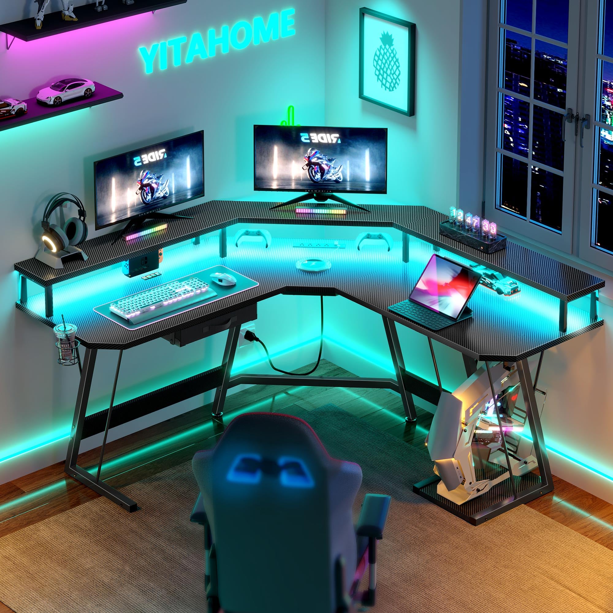 YITAHOME L Shaped Gaming Desk with LED Lights & Power Outlets, 55" Computer Desk with Drawer & Monitor Stand & Carbon Fiber Surface, Home Office Corner Desk with Cup Holder & Hook, Black