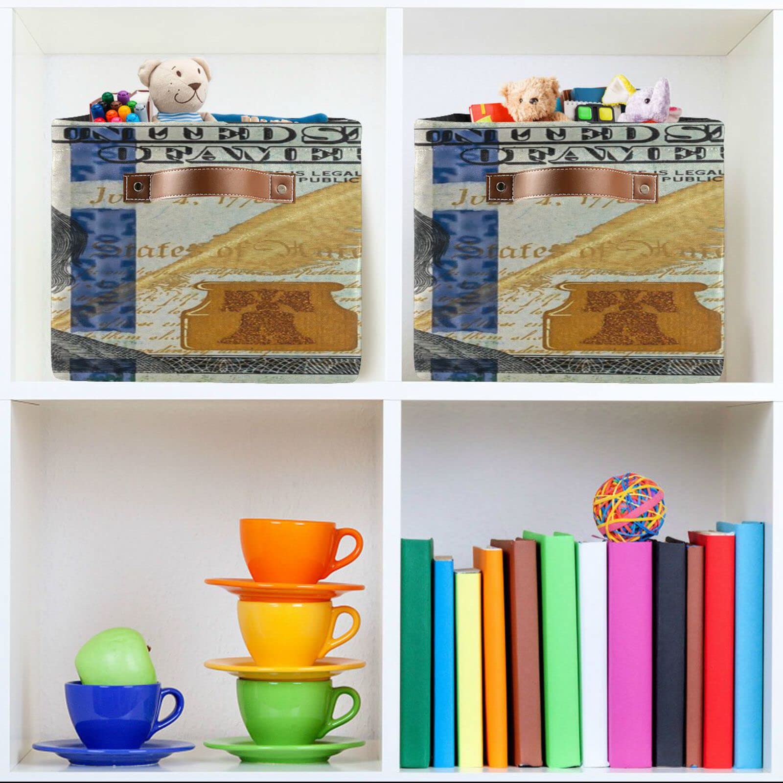 Large Foldable Storage Basket 100 Dollar Bill Printed Storage Bin Canvas Toys Box Fabric Decorative Collapsible Organizer Bag with Handles for Bedroom Home