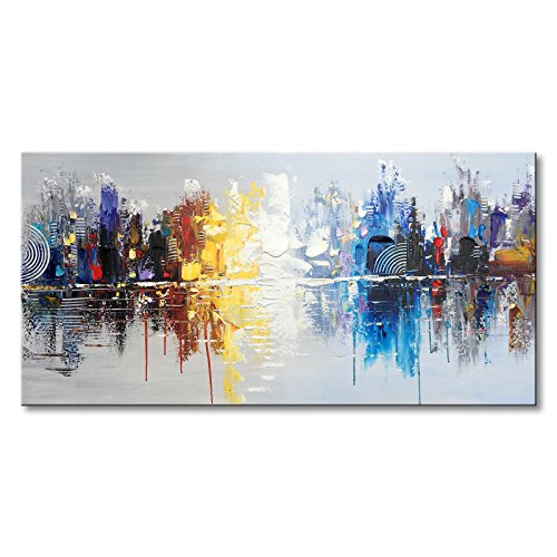 Hand Painted Modern Cityscape Textured Oil Painting on Canvas Reflection Abstract City Wall Art Decor