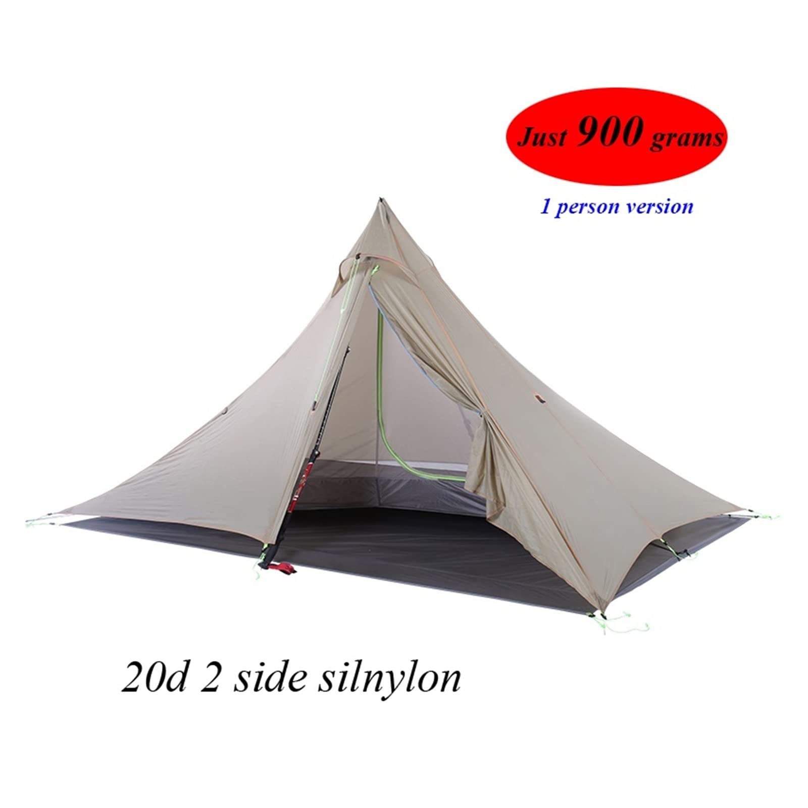 MARVOI Only 900g 2 Sides 20D Silk Nylon Pyramid 1 Person Or 2 People 2 Layers 3 Seasons Camping Tent (Color : 2Person Red with FP)