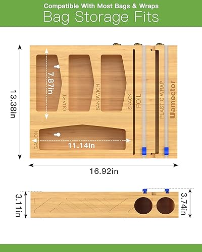 Uamector 6 In 1 Foil and Plastic Wrap Organizer, Ziplock Bag Organizer for Kitchen Drawer, Plastic Wrap Dispenser with Cutter, Bamboo Bag Storage Organizer for Gallon, Quart, Sandwich