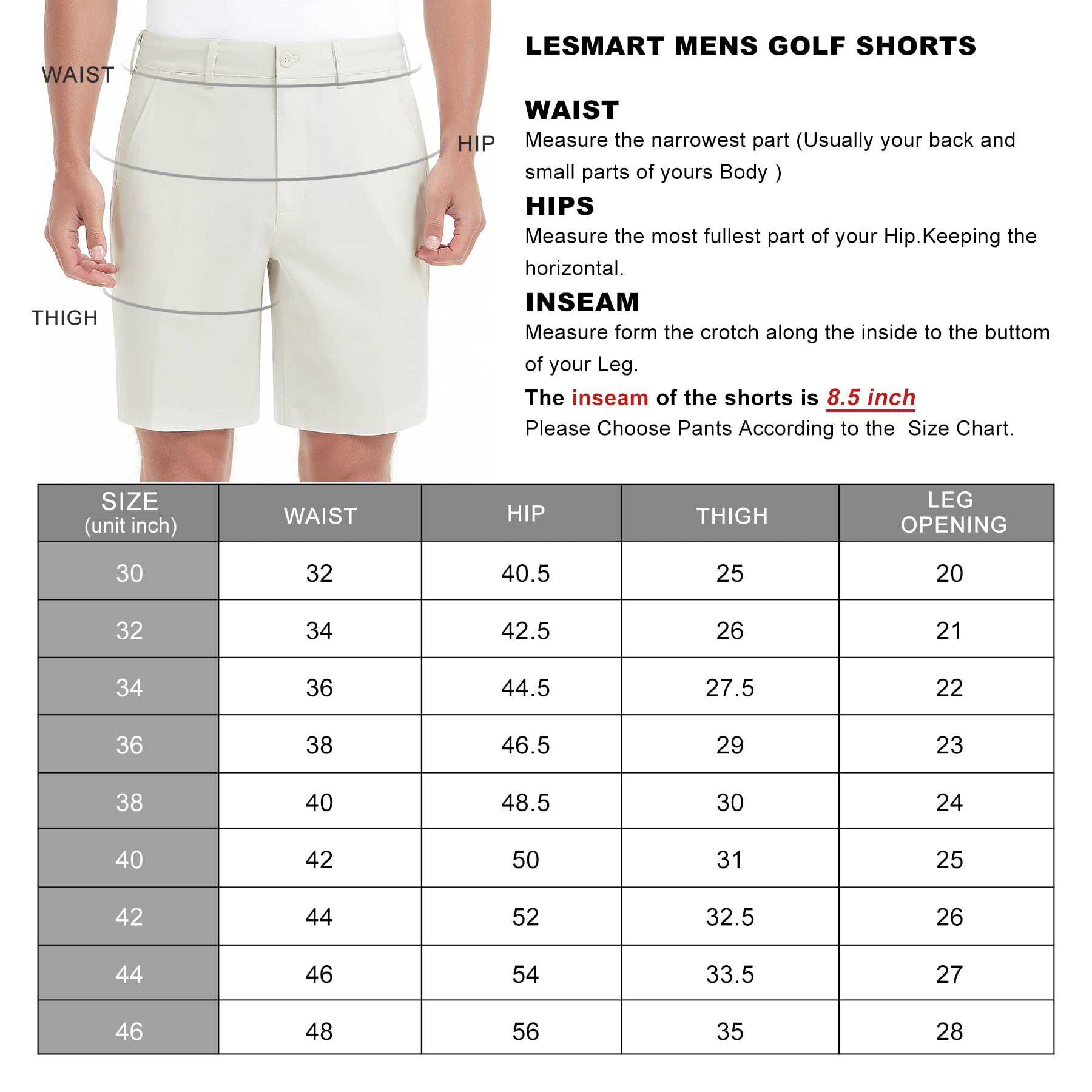 Lesmart Mens Golf Shorts Stretch Bermuda Quick Dry Elastic Waist Relaxed Fit Shorts with Pockets White Sand 44