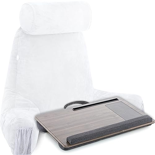 Husband Pillow Combo - Backrest Pillow with Arms : Medium White & Foldable Laptop Tray : Gray - Memory Foam Reading Pillows for Bed w/Removable Neck Roll & Laptop Bed Tray Table