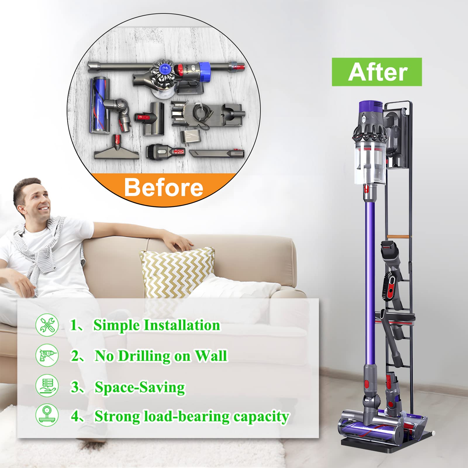 Haturi Vacuum Stand for Dyson V15 V11 V10 V8 V7 V6 - Vacuum Accessories Stable Metal Organizer Stand Holder, Dyson Handheld DC30 DC31 DC34 DC35 DC58 DC59 DC62 Cordless Vacuum Cleaners Storage Rack