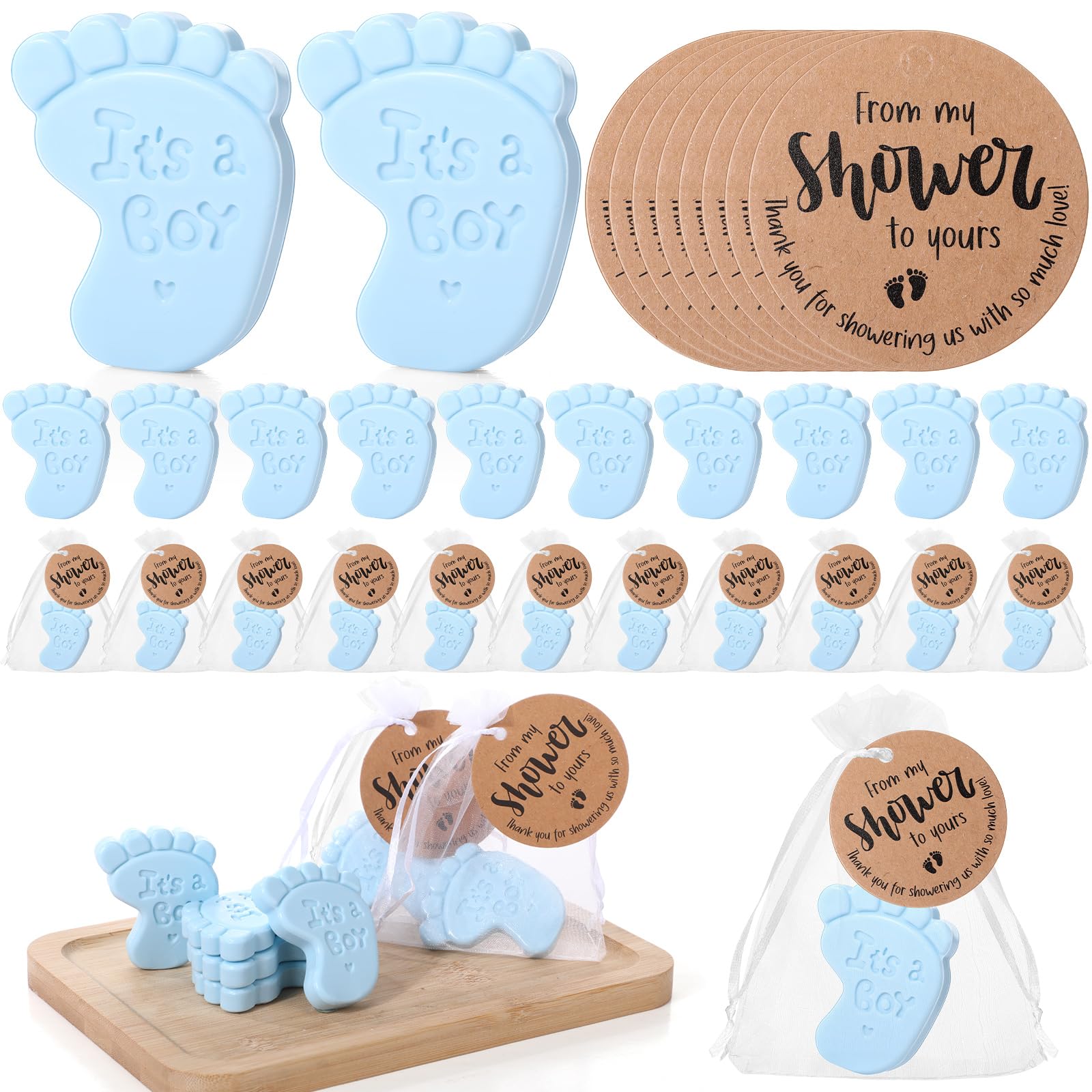 Swiffen 50 Sets Baby Shower Soap Favors for Guests Baby Boy Girl Mini Footprint Soap Handmade Scented Soap with Thank You Tags and Organza Bags Gender Reveal Party Favors (Blue,It's A Boy)